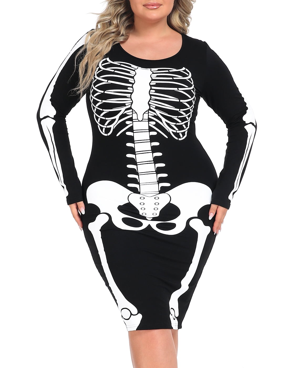 HDE Plus Size Skeleton Dress Stretchy Long Sleeve Halloween Costume ...