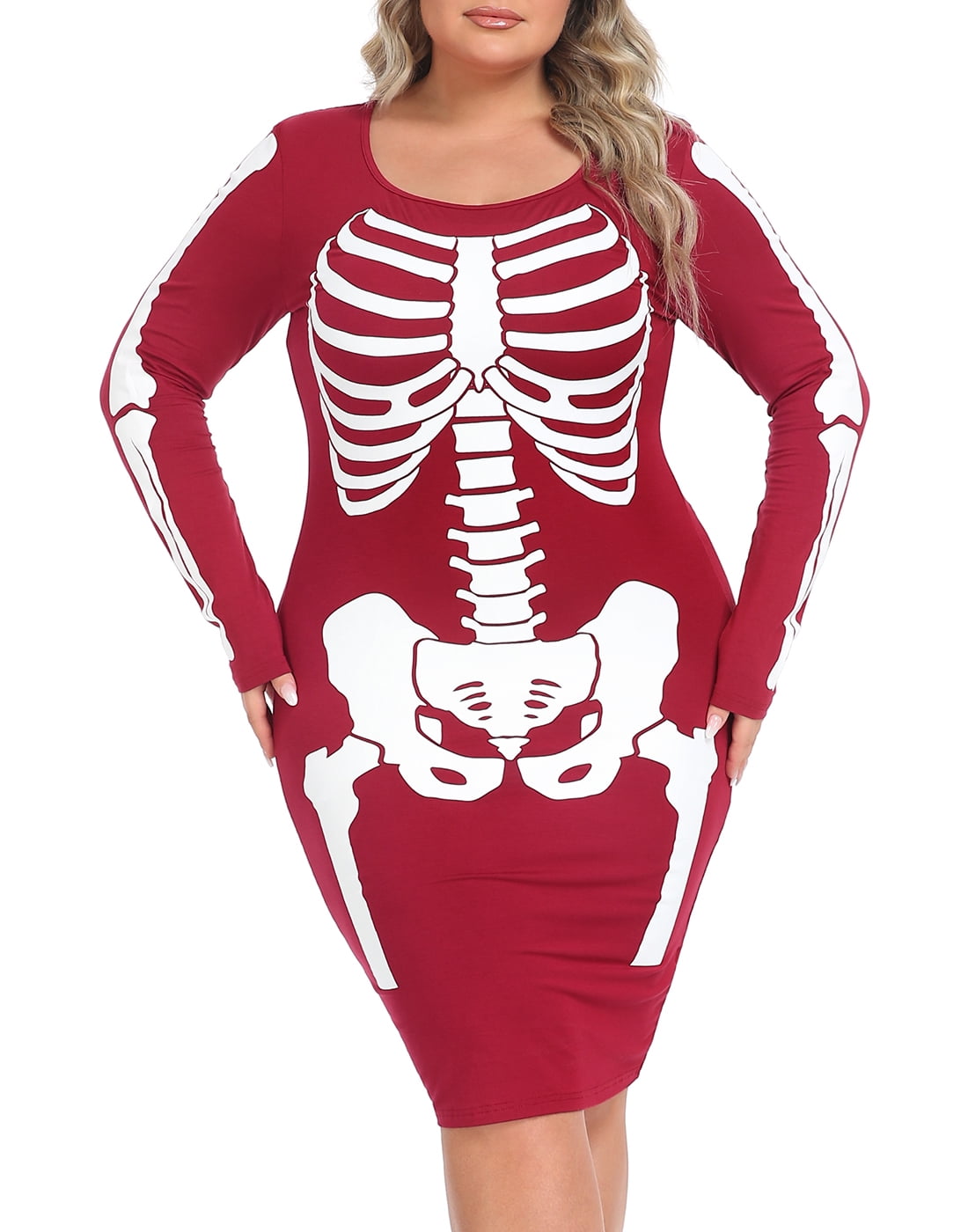 HDE Plus Size Skeleton Dress Stretchy Long Sleeve Halloween Costume Red ...