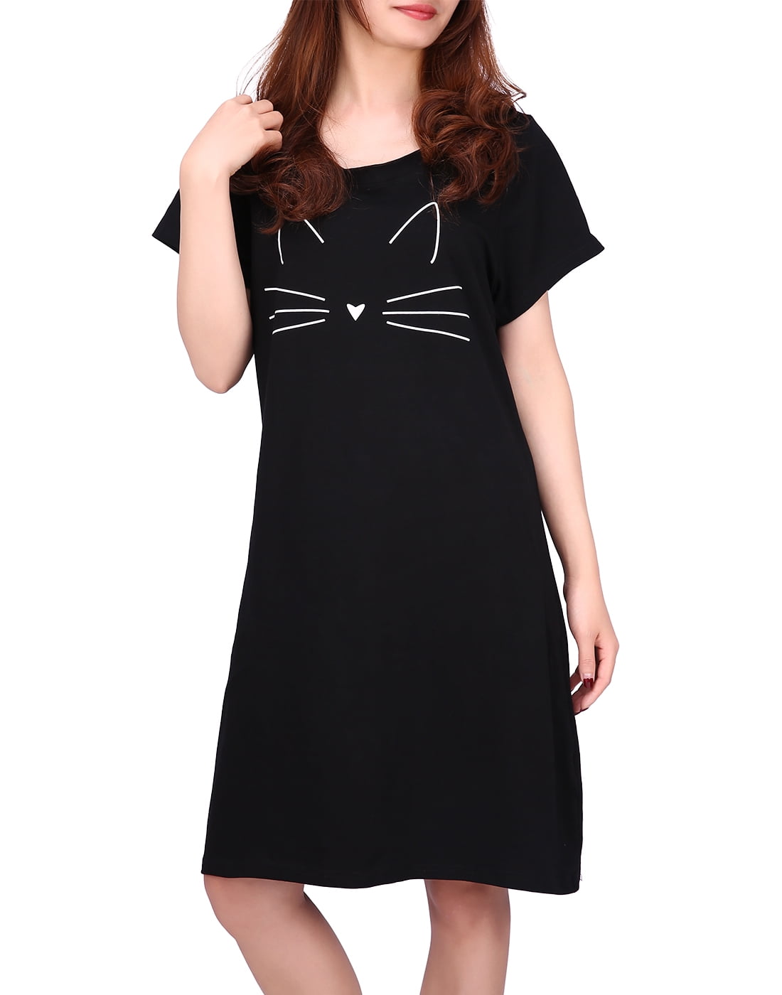 HDE Women's Cotton Nightgowns Short Sleeve Sleep Dress Black Cat Large ...