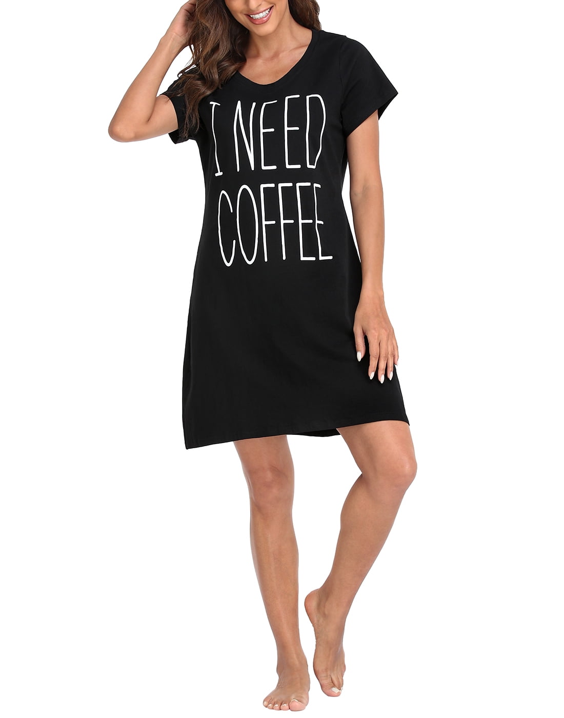 HDE Women's Cotton Nightgowns Short Sleeve Sleep Dress Need Coffee ...