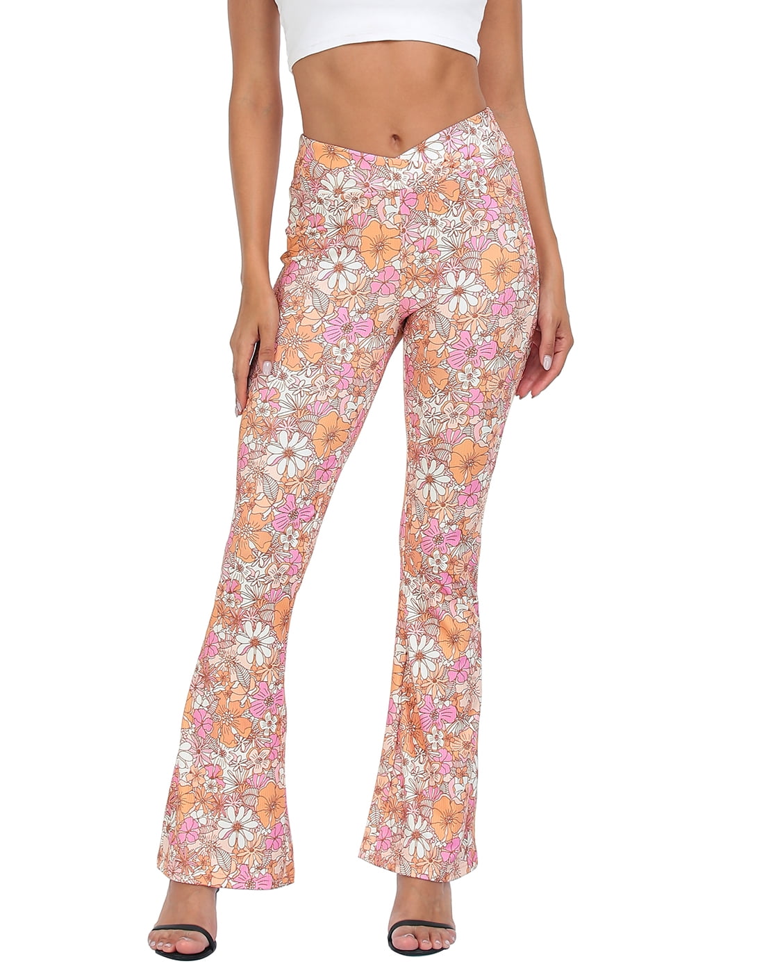HDE Women's Crossover Flare Pants Ribbed High Waist Bell Bottom Flower ...