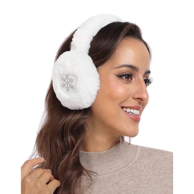HDE Women's Fuzzy Faux Fur Earmuffs with Rhinestone Charms White Snowflake Charm - Walmart.com