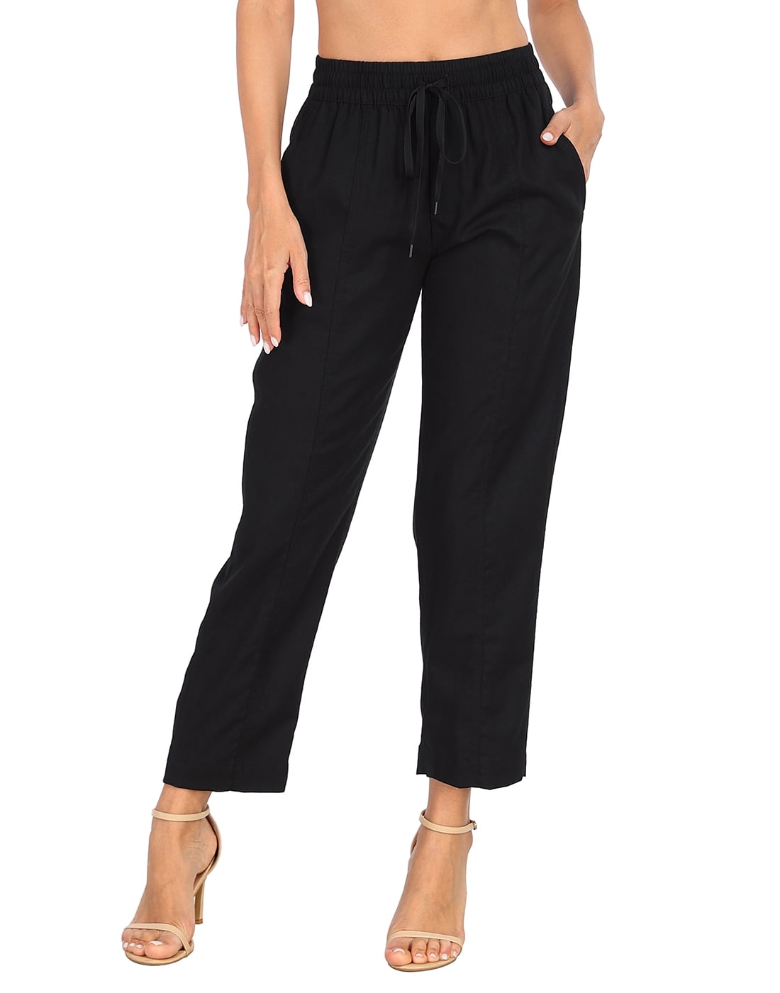HDE Women's Linen Blend Pull On Drawstring Pants with Pockets Black L - Walmart.com