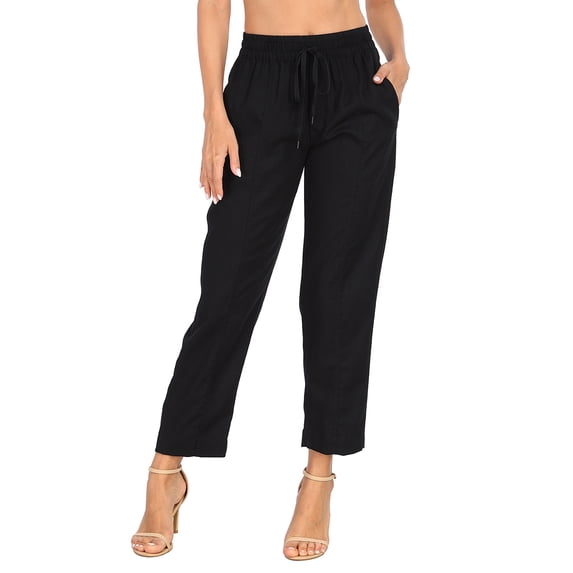 HDE Women's Linen Blend Pull On Drawstring Pants with Pockets Black L ...