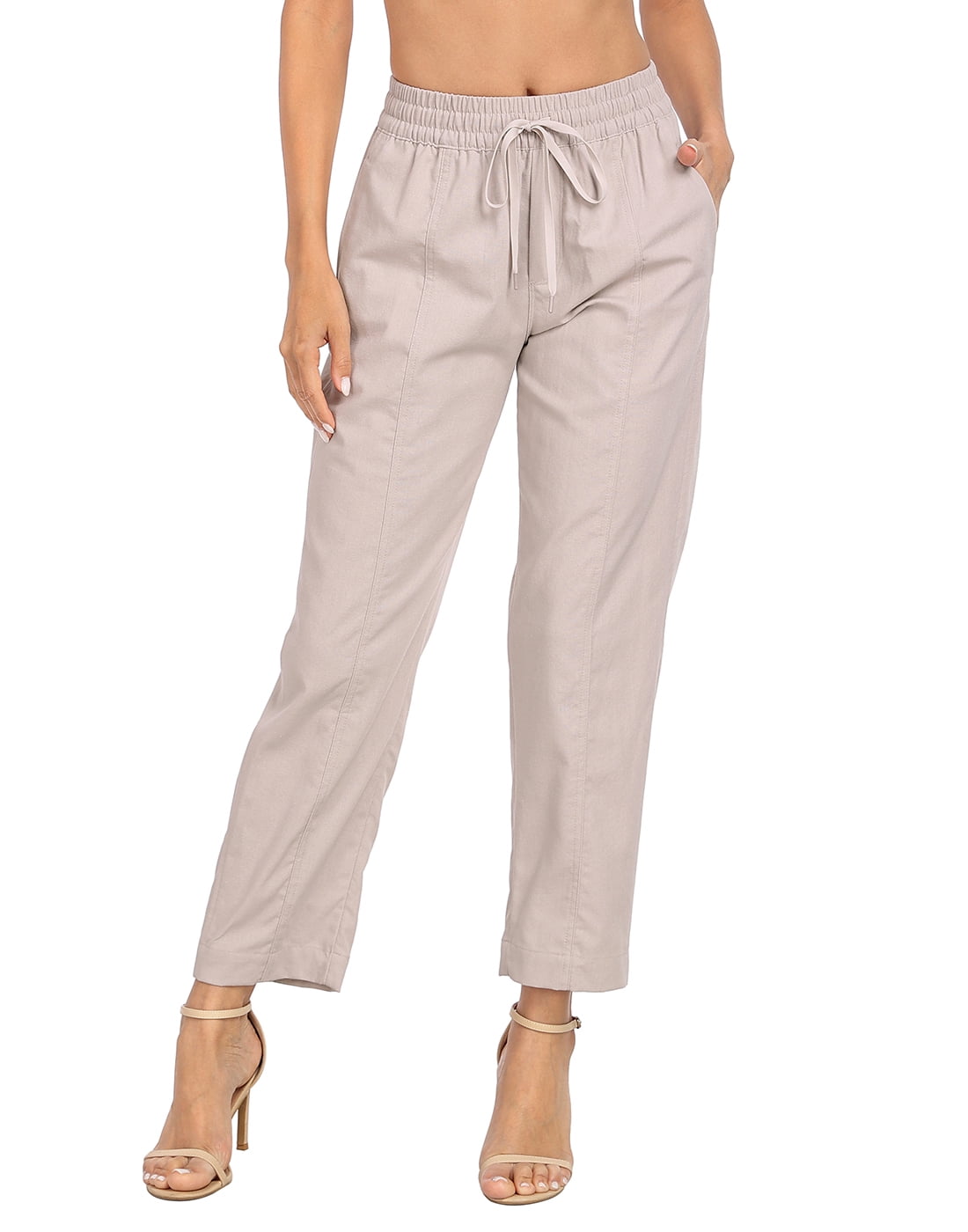 HDE Women's Linen Blend Pull On Drawstring Pants with Pockets Gray Beige XL - Walmart.com