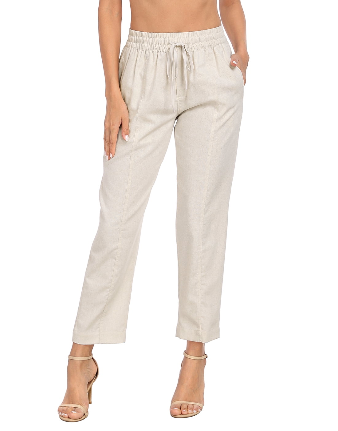 HDE Women's Linen Blend Pull On Drawstring Pants with Pockets Khaki Sand M - Walmart.com