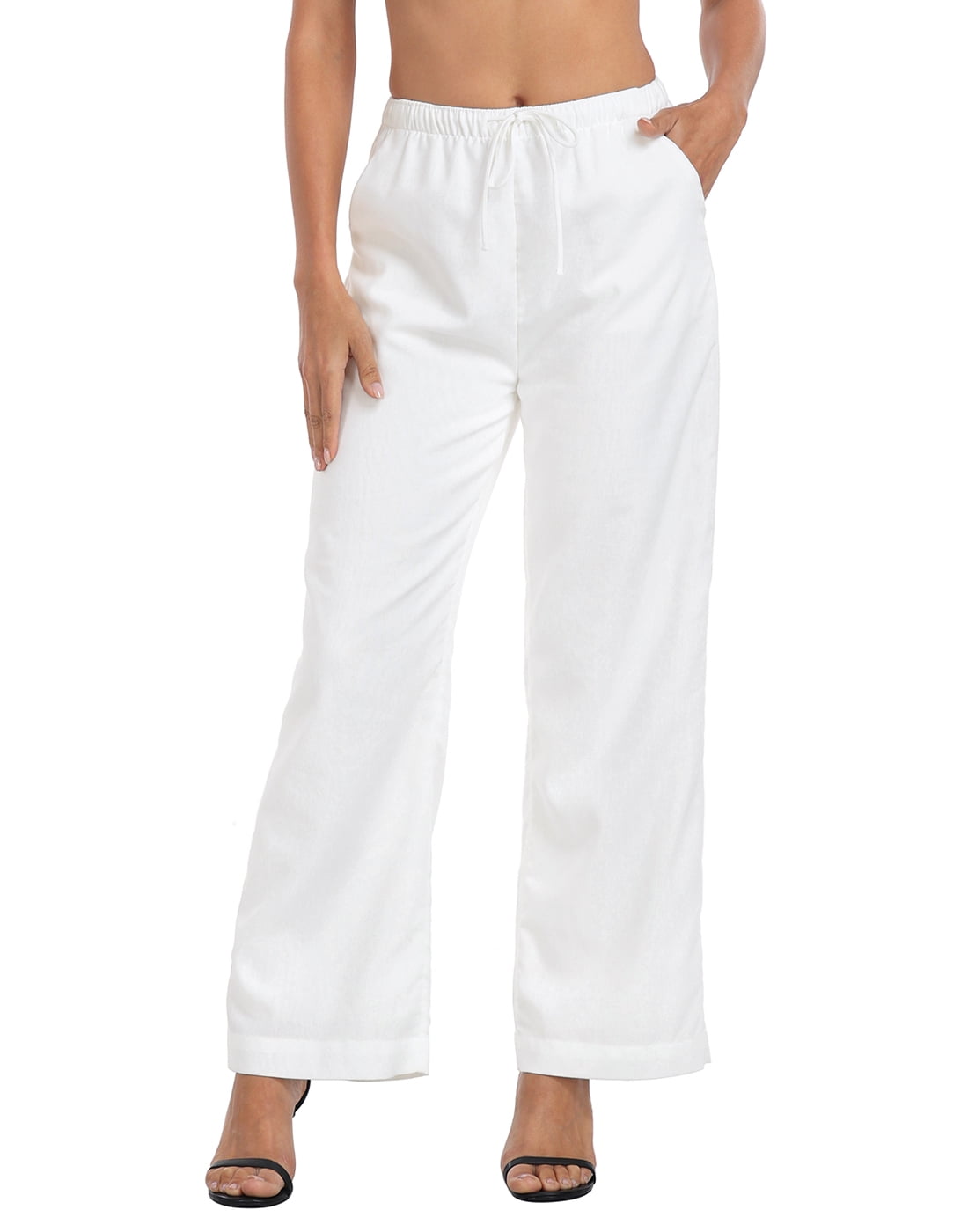HDE Women's Linen Drawstring Pants Wide Leg Trouser with Pockets White ...