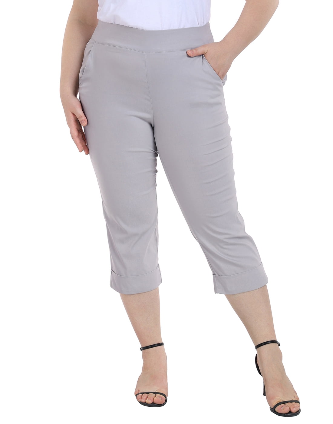 HDE Women's Plus Size Pull On Capris, Cool Gray, Cropped Pants with ...