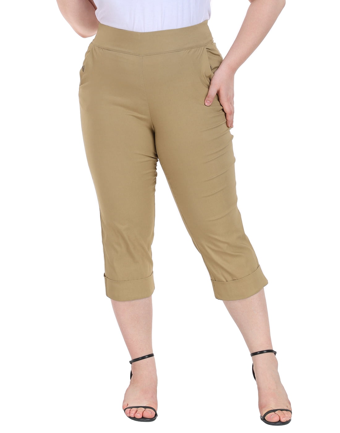 HDE Women's Plus Size Pull On Capris, Stretch Cropped Pants with ...
