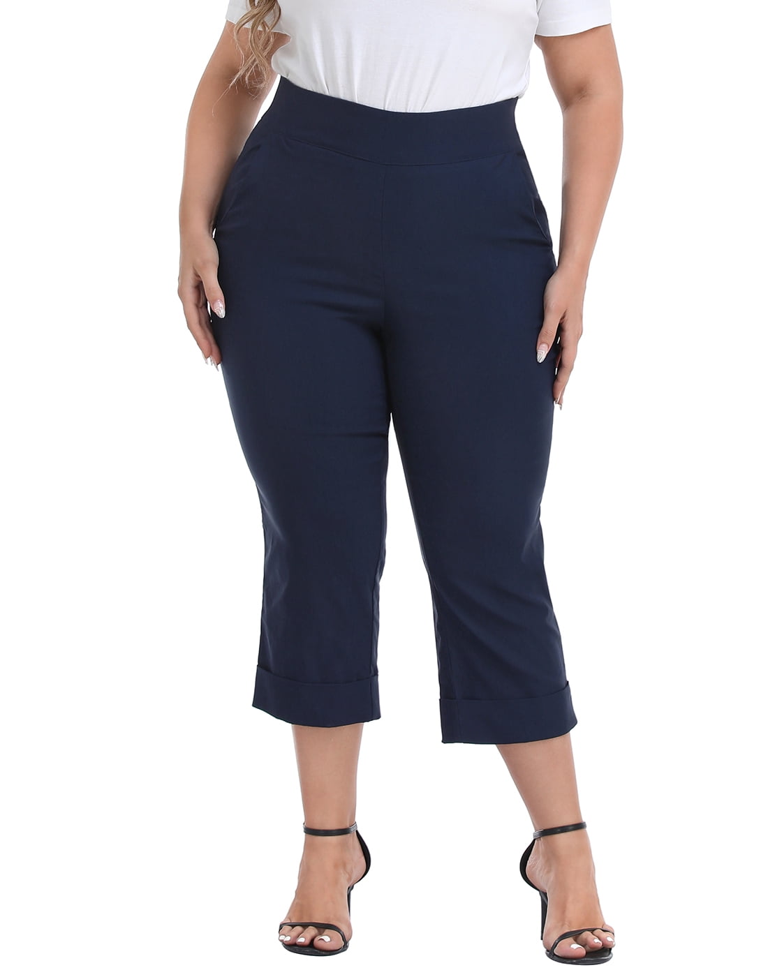 HDE Women's Plus Size Pull On Capris with Pockets Cropped Pants Navy 1X ...