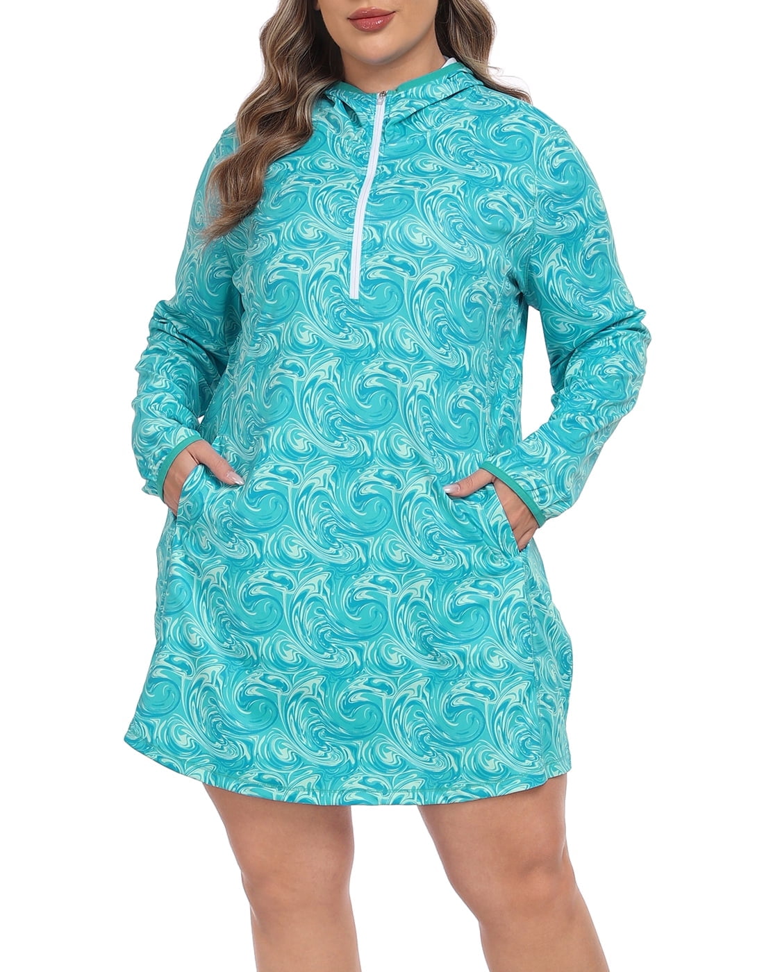 HDE Women's Plus Size UPF 50 Swim Coverup Dress with Hood Ocean Swirl ...