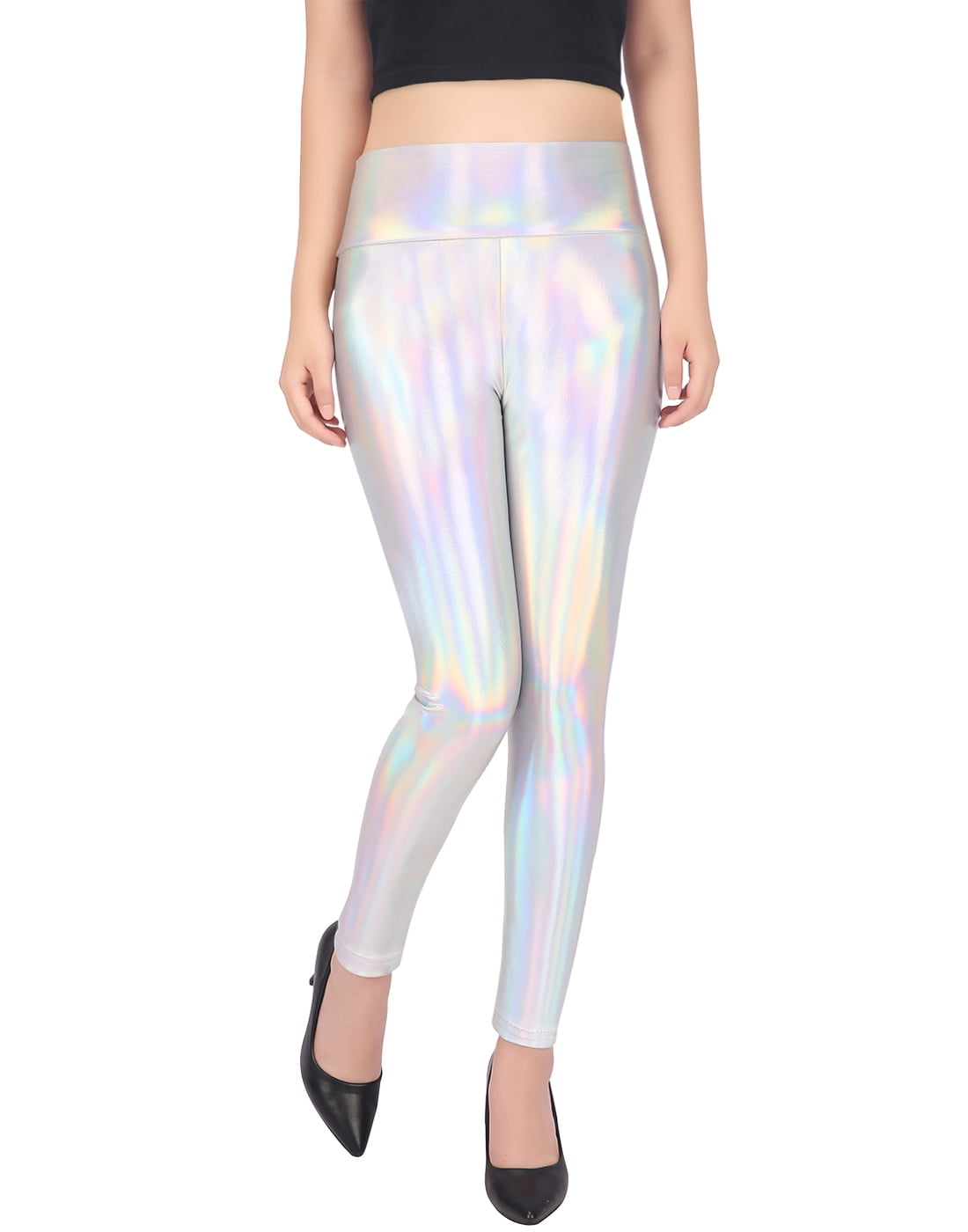 HDE Women's Shiny Holographic Leggings Liquid Metallic Pants Iridescent ...