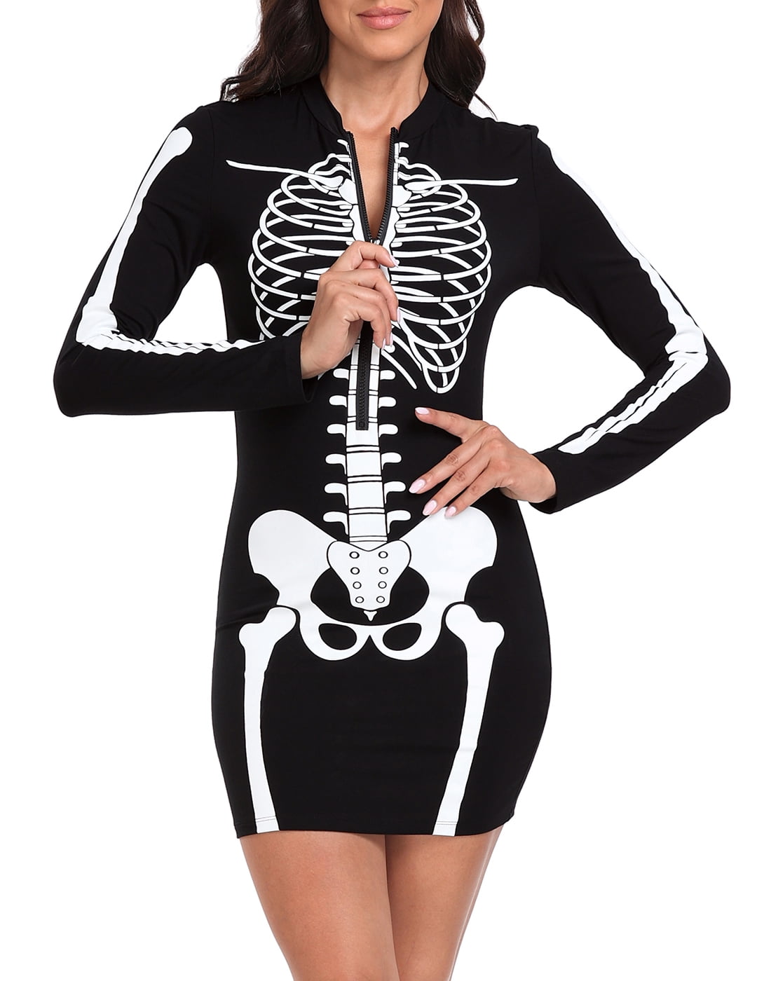 HDE Women's Skeleton Dress Halloween Costume Long Sleeve Mini Dress ...