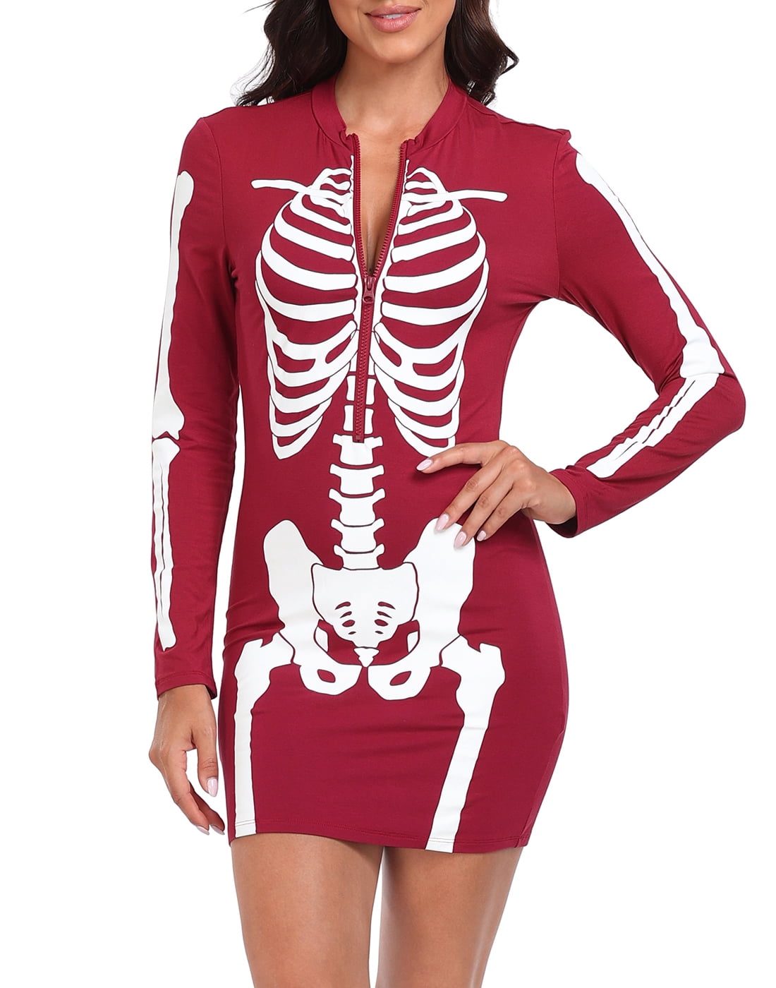 HDE Women's Skeleton Dress Halloween Costume Long Sleeve Mini Dress Red ...
