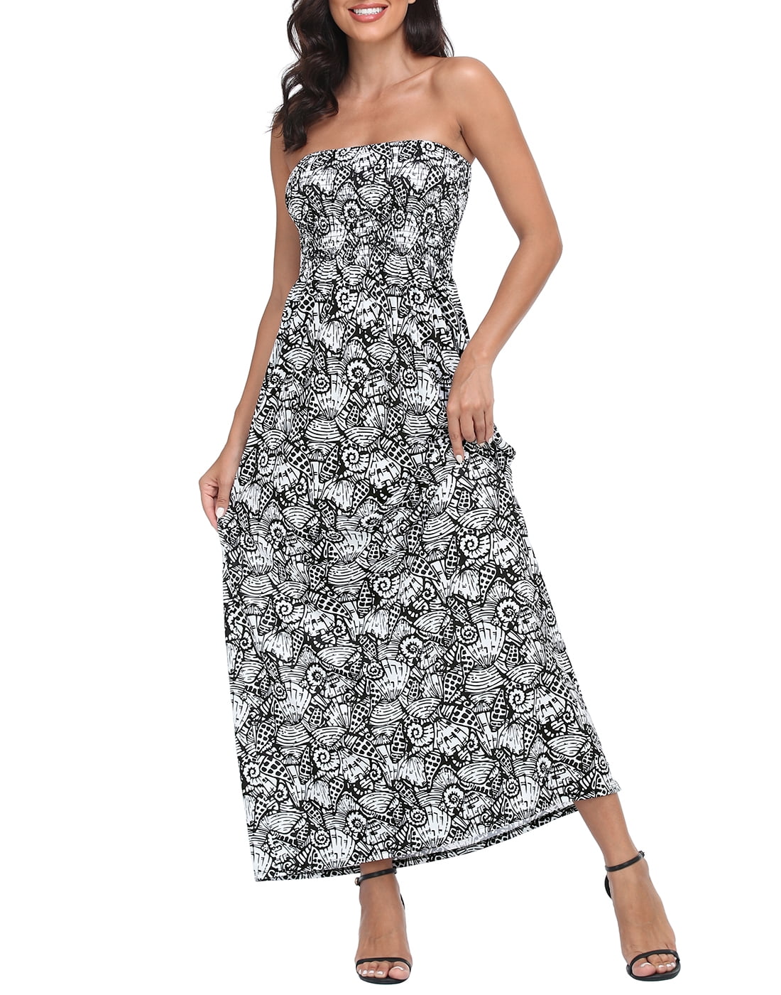 HDE Women's Strapless Maxi Dress Bohemian Sundress Black Seashells 4X ...