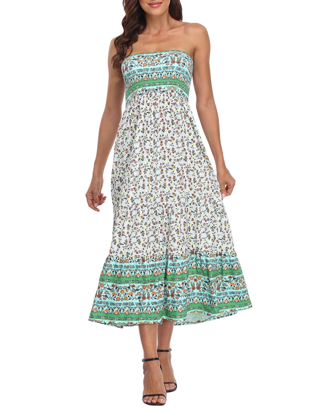 HDE Women's Strapless Maxi Dress Bohemian Sundress Boho Green Floral ...