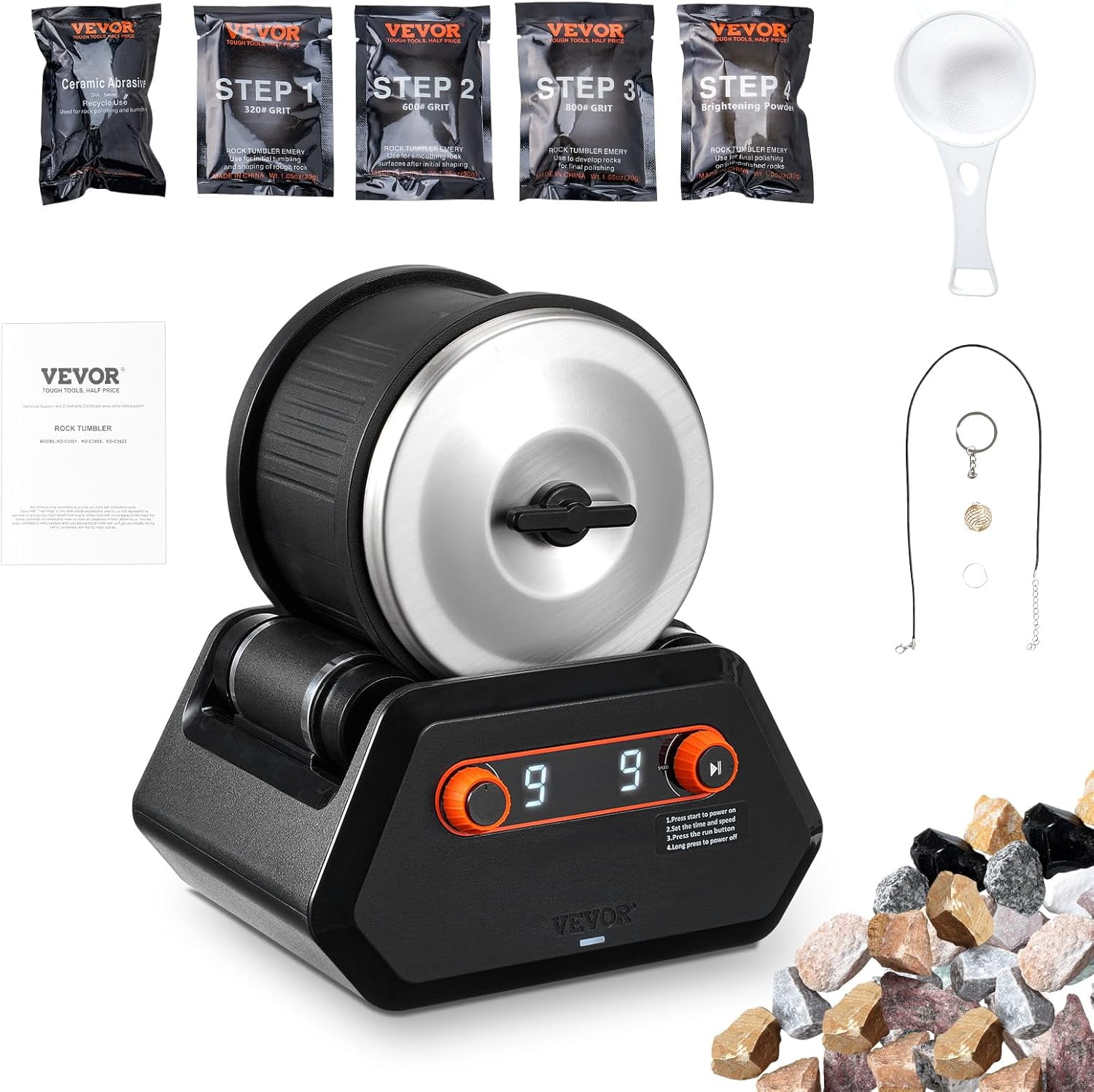 HDEY Rock Tumbler Kit, 4 lbs Rock Polishing Kit, 9 Speed Settings 9-Day ...