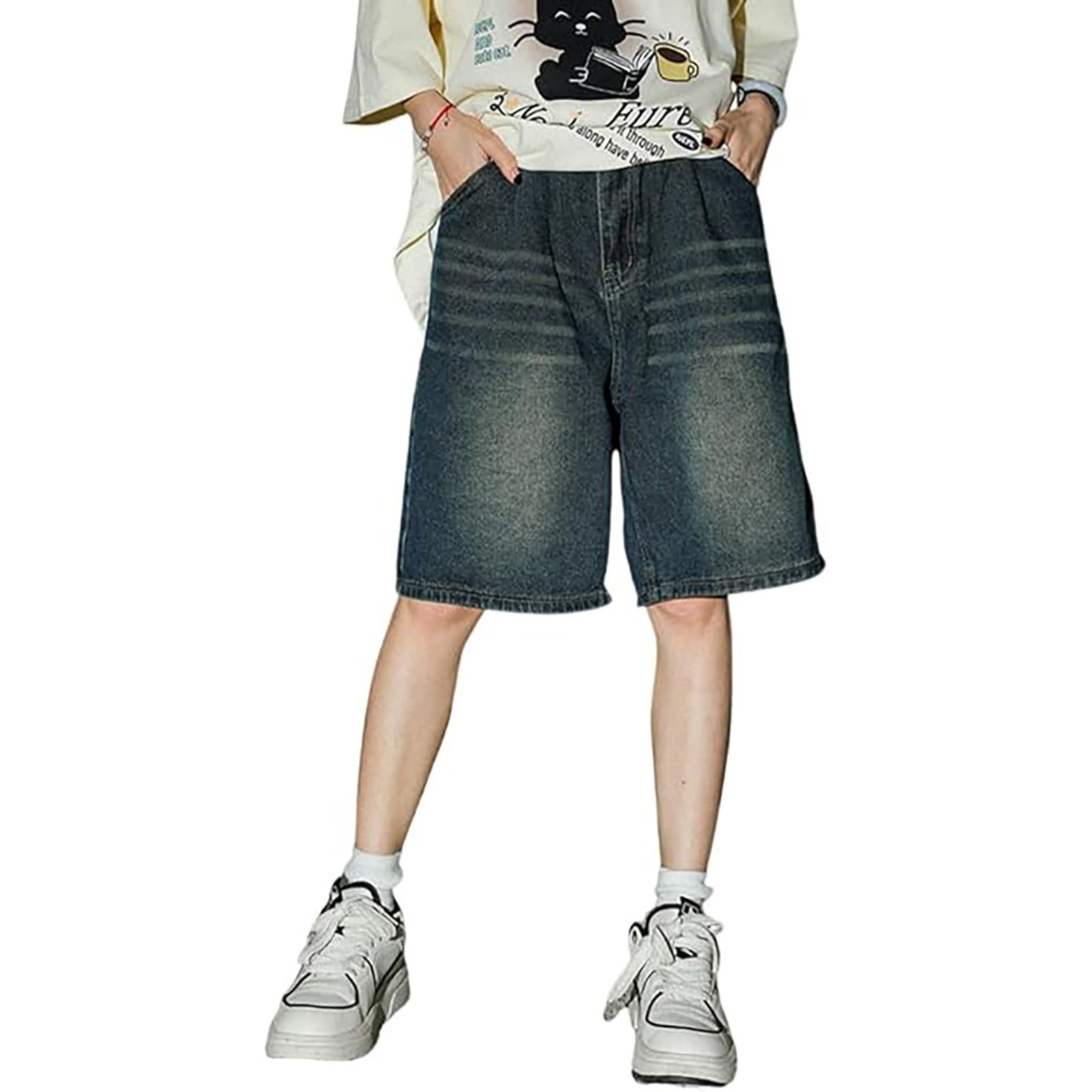HDGB Men Women Denim Shorts Y2k Baggy Star Loose Fit Patchwork Jeans ...