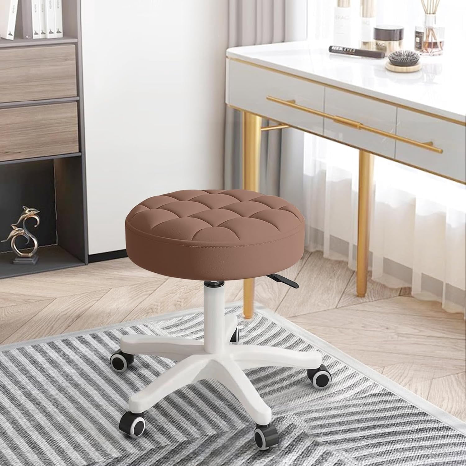 HDHNBA Small Chair Round Rolling Stool with Wheels PU Leather Height ...