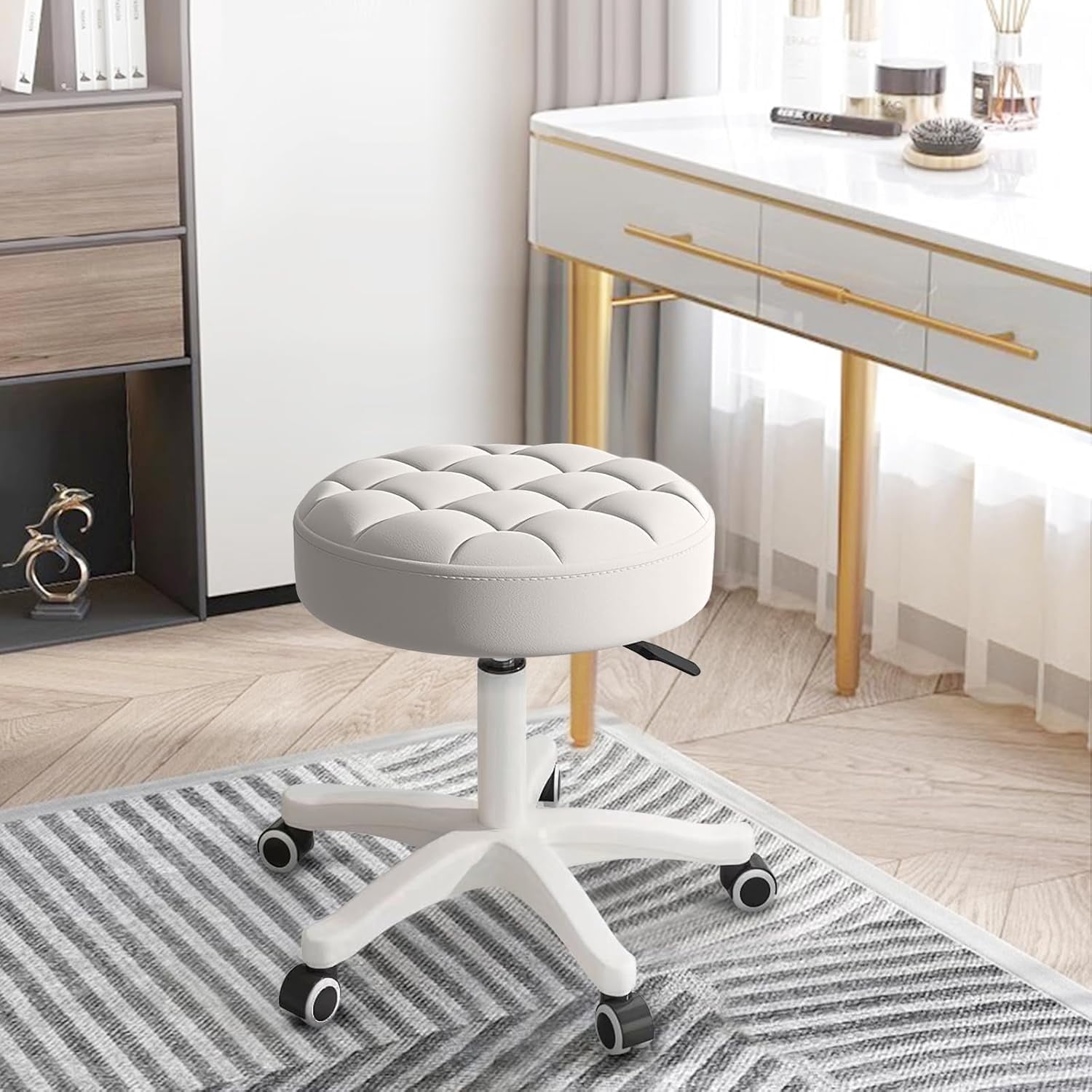 HDHNBA Small Chair Round Rolling Stool with Wheels PU Leather Height ...