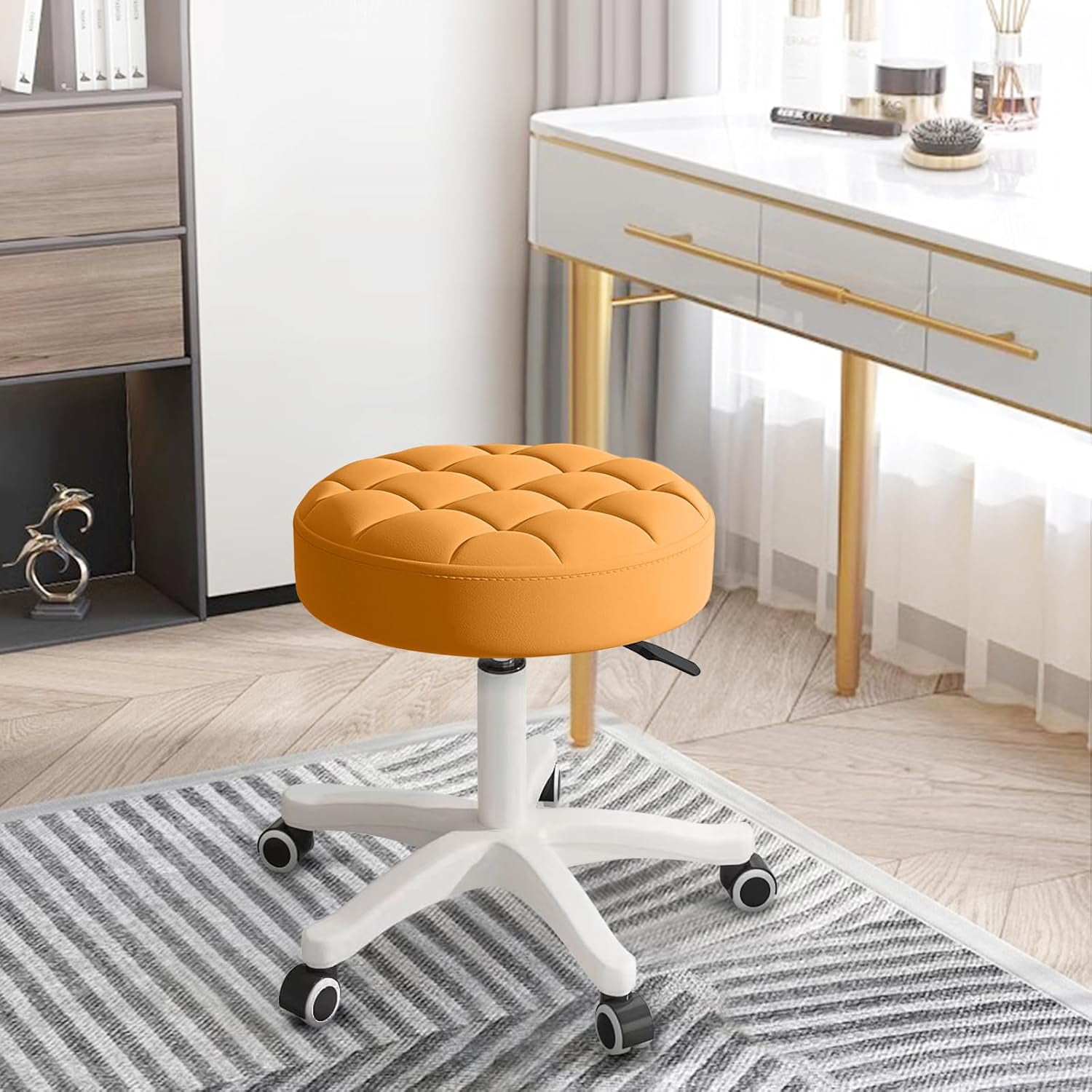 HDHNBA Small Chair Round Rolling Stool with Wheels PU Leather Height ...