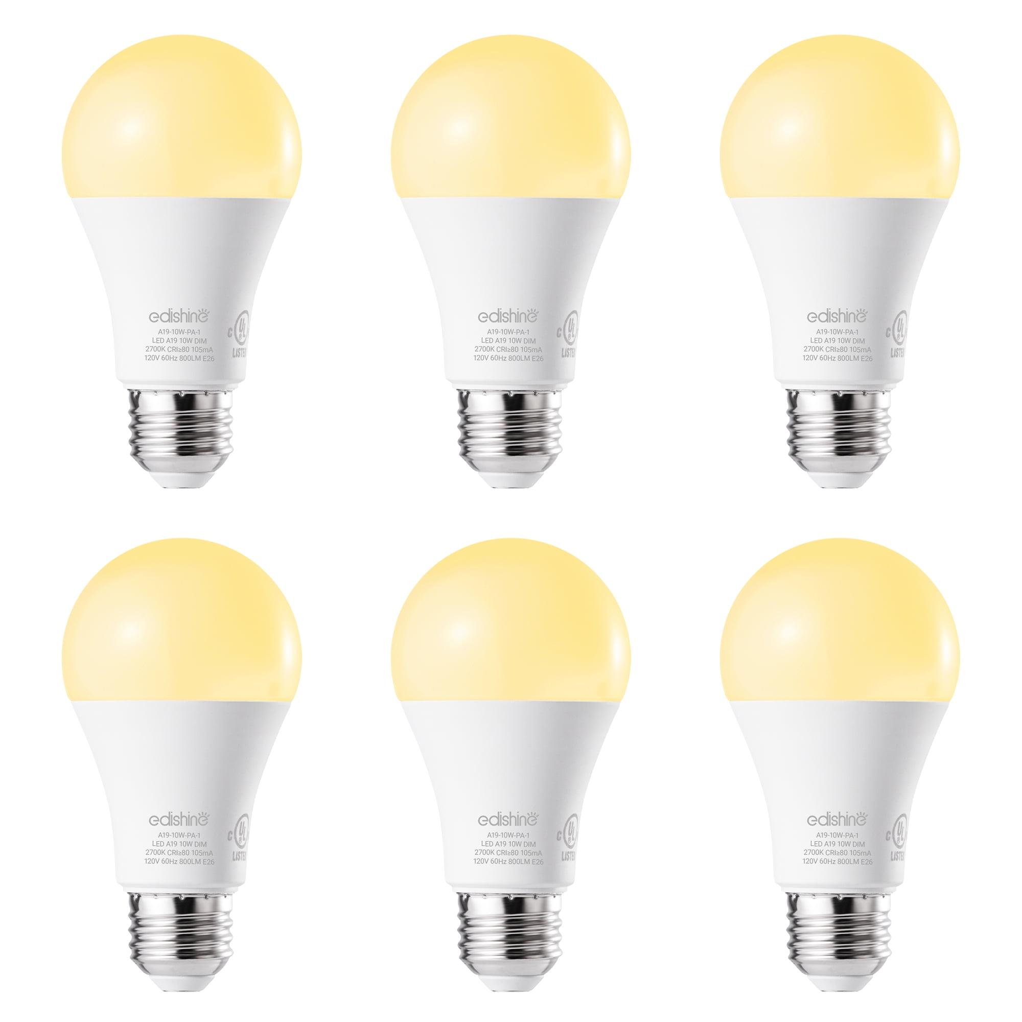 EDISHINE 6-Pack Dimmable LED Light Bulbs 60 Watt Equivalent 2700K Warm ...