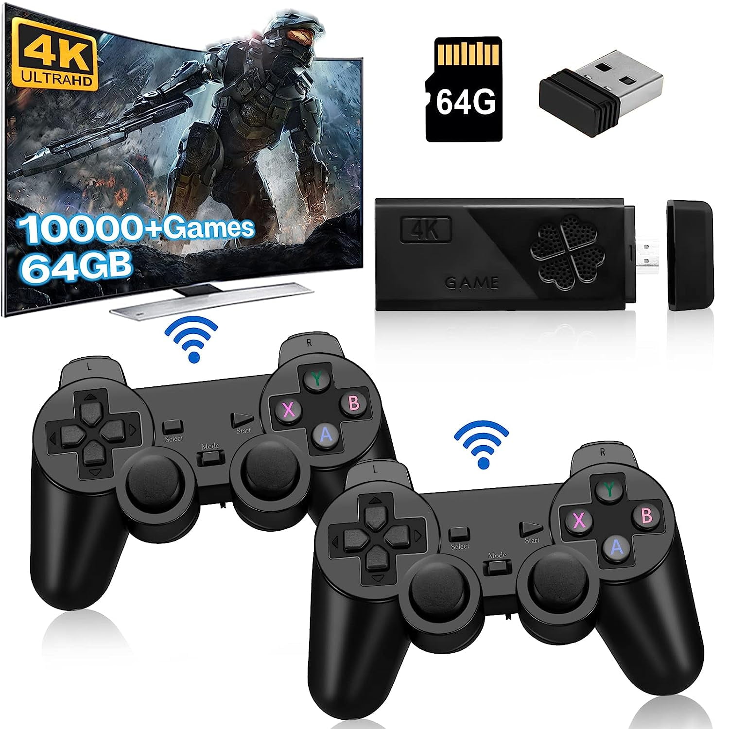 HDMI 4K Retro Game Stick 64G with 20000+ Games, 2 Wireless Controllers, Plug and Play, for Kids ...