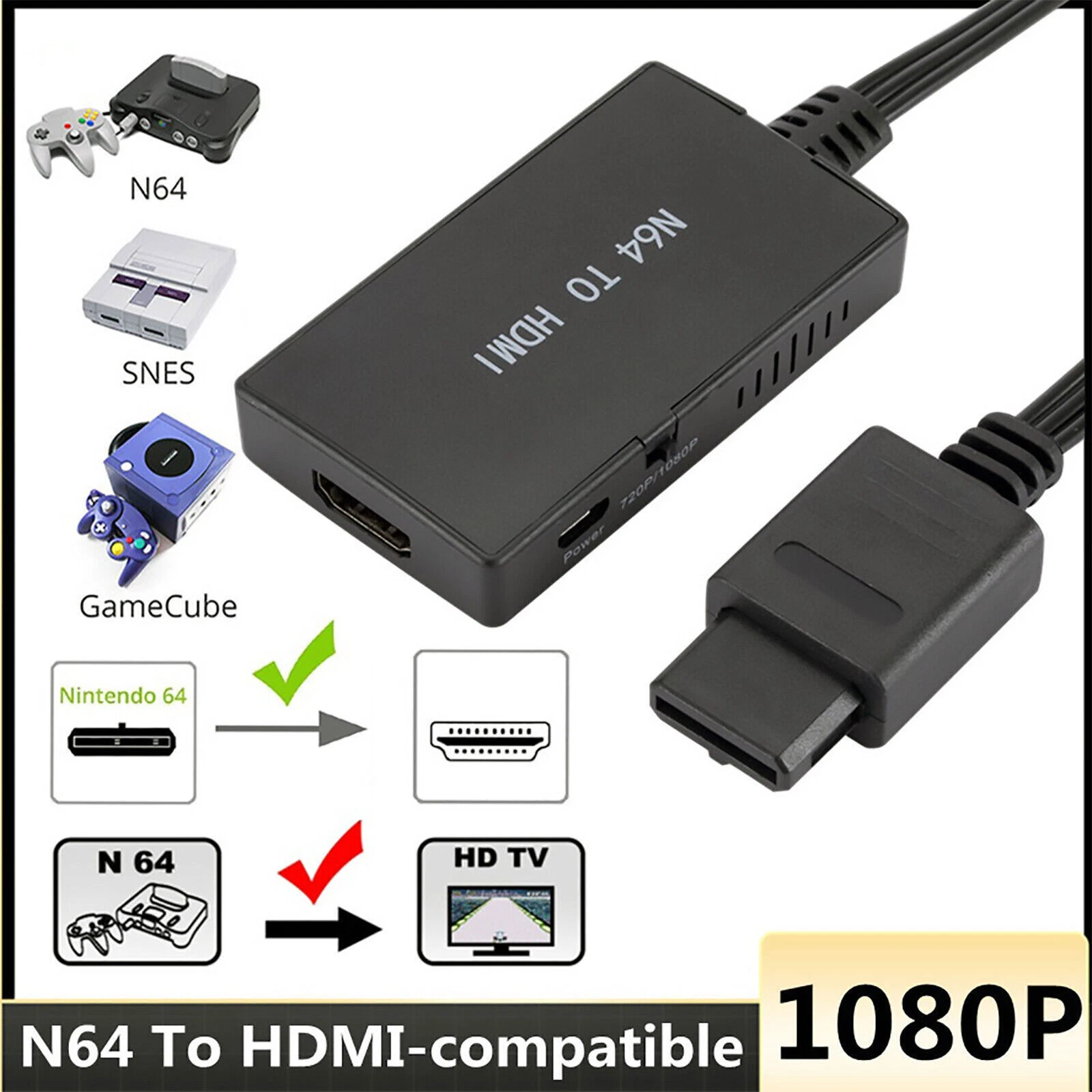 HDMI Adapter Converter w/ HD Cable for Nintendo 64/SNES/SFC/NGC ...