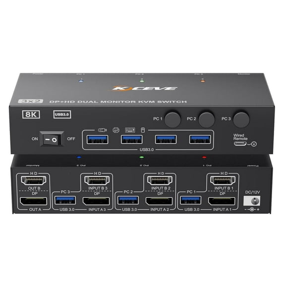 HDMI + Displayport KVM Switch 2 Monitors 3 Computers 8K@60Hz 4K@144Hz ...