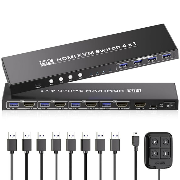 HDMI KVM Switch 1 Monitors 4 Computers, 8K@60Hz 4K@120Hz USB 3.0 4 Port ...
