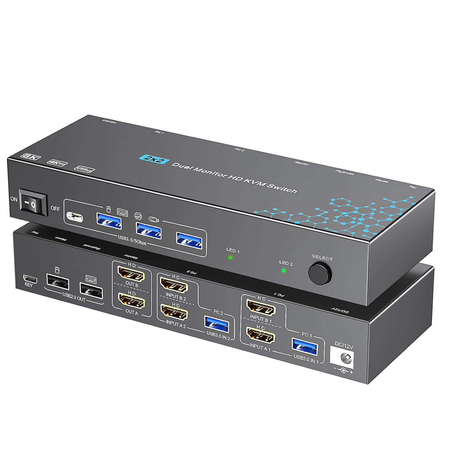 HDMI KVM Switch 2 Computers 2 Monitors 8K 60Hz 4K120Hz 2 Port Dual ...