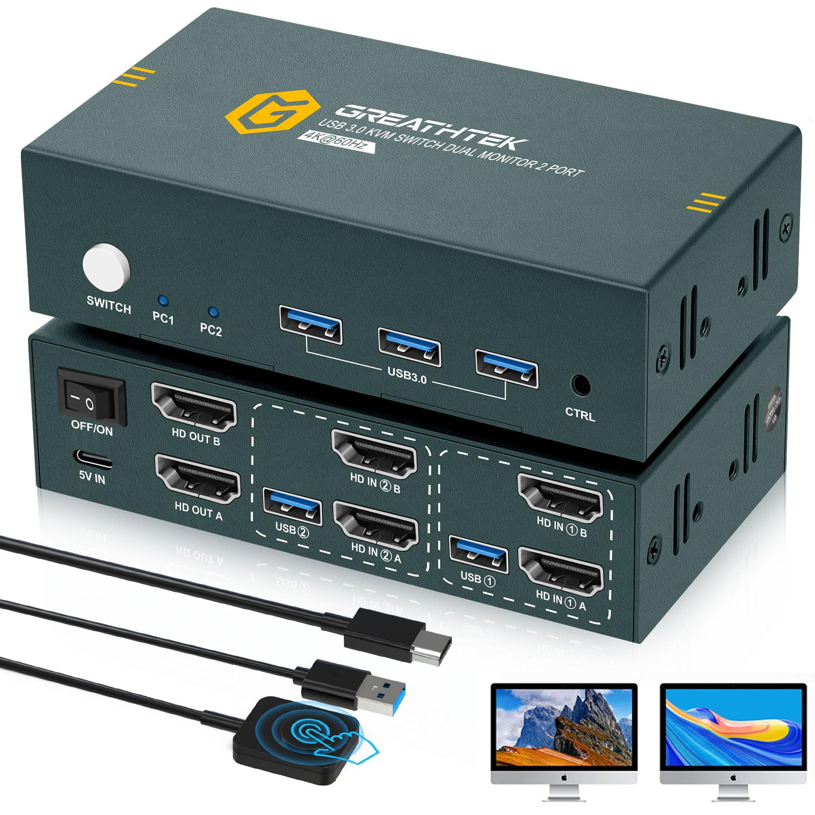 HDMI KVM Switch 2 KEF16 Monitors 2 Computers, 2 Port Monitors Switcher for 2 Computers Share 2 ...