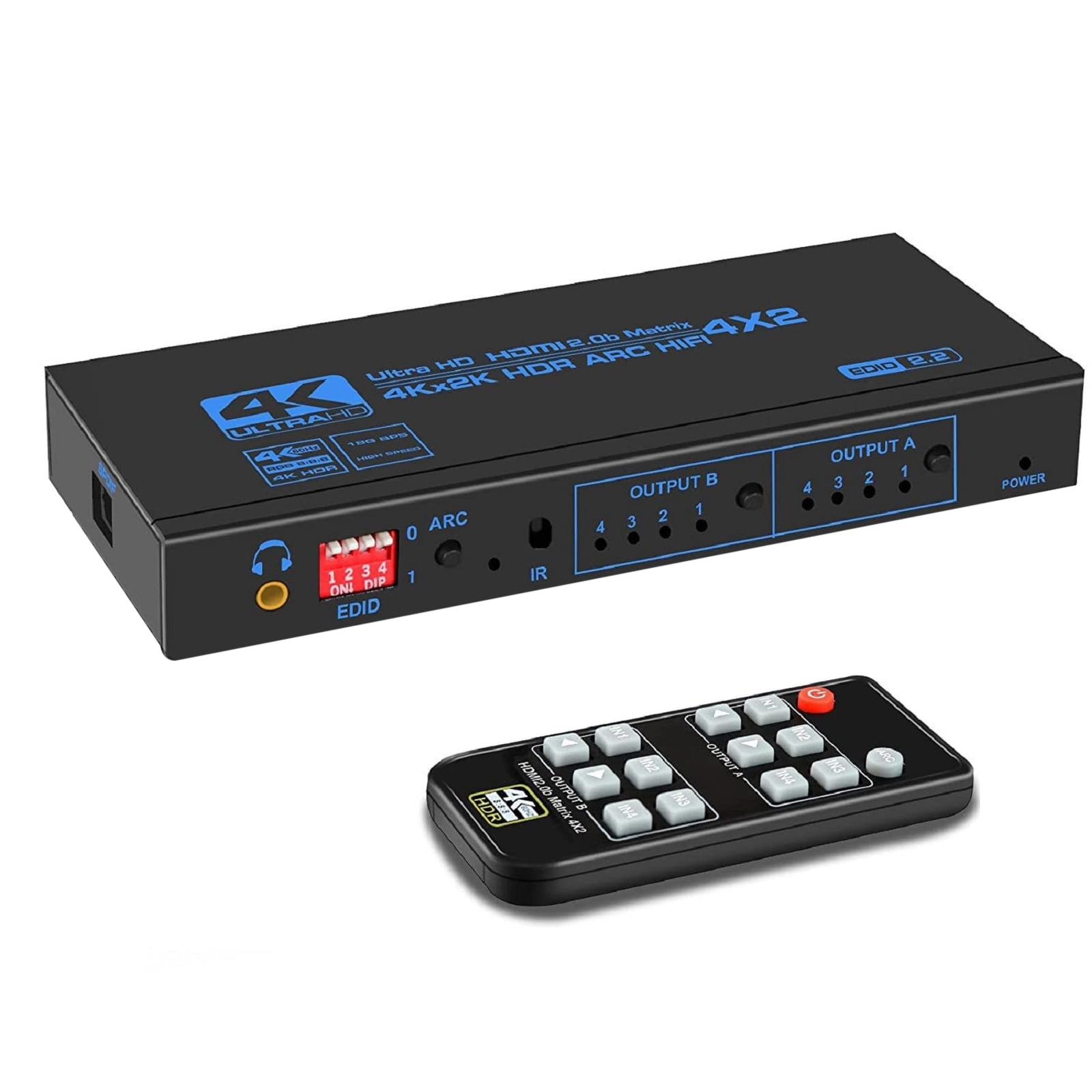 HDMI Matrix Switcher with Remote Control 4 Inputs, 2 Outputs, Supports 3840*2160/60Hz for Home ...
