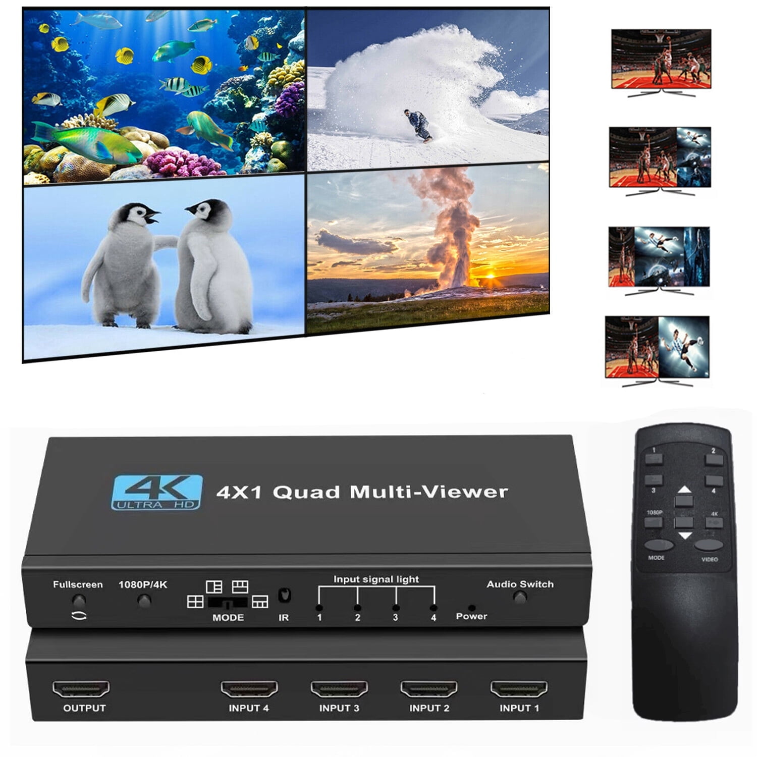 HDMI Multiviewer Switch 4x1, Quad Multi Viewer Seamless Switcher 4 in 1 ...
