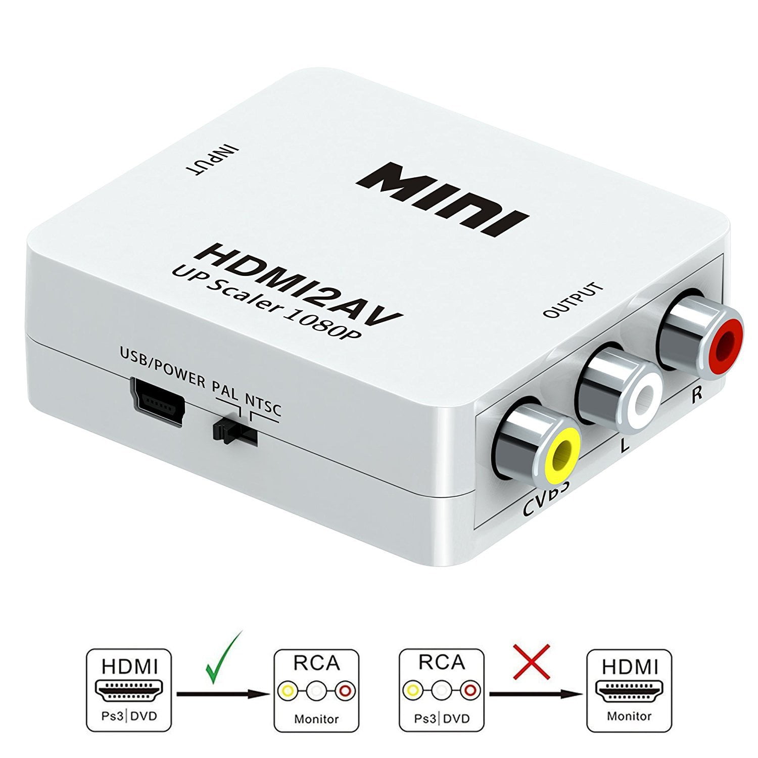 HDMI to RCA, 1080p HDMI to AV 3RCA CVBs Composite Video Audio Converter ...