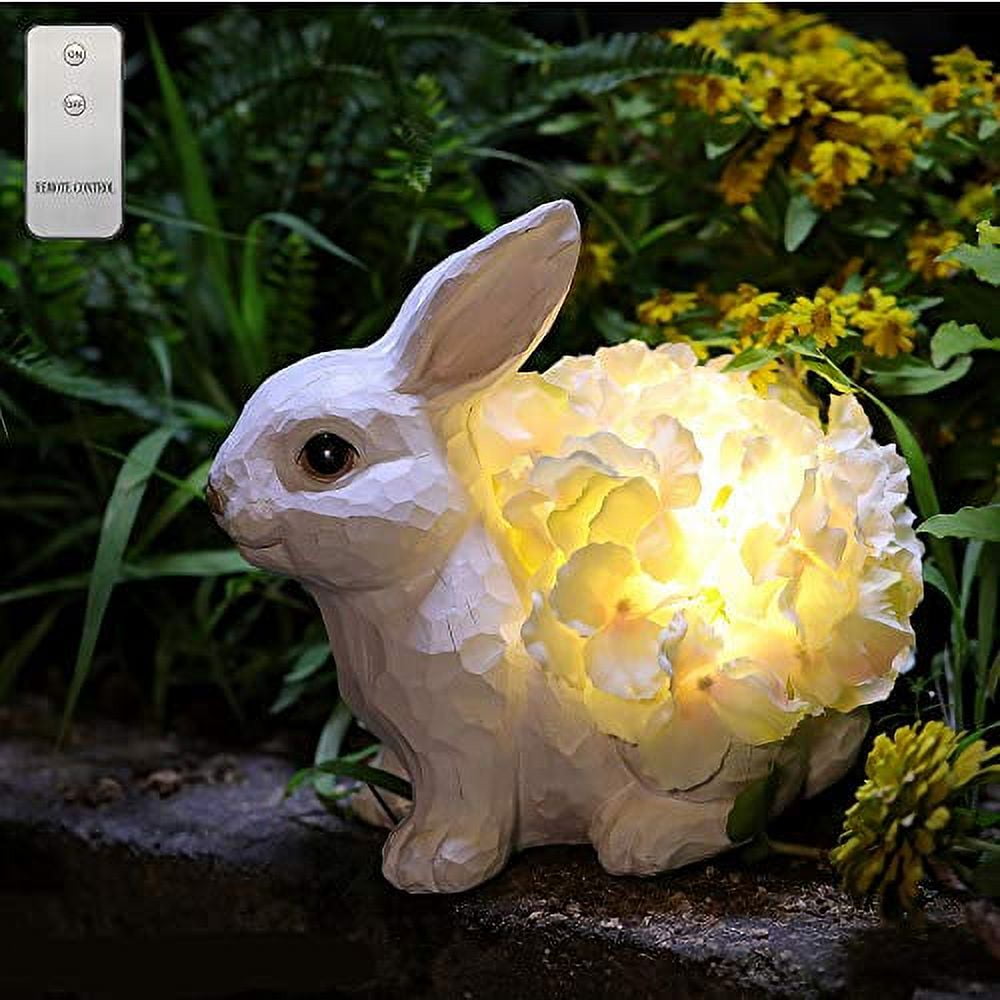 HDNICEZM Garden Statue Cute Rabbit Figurine with Flower Lights Warm ...