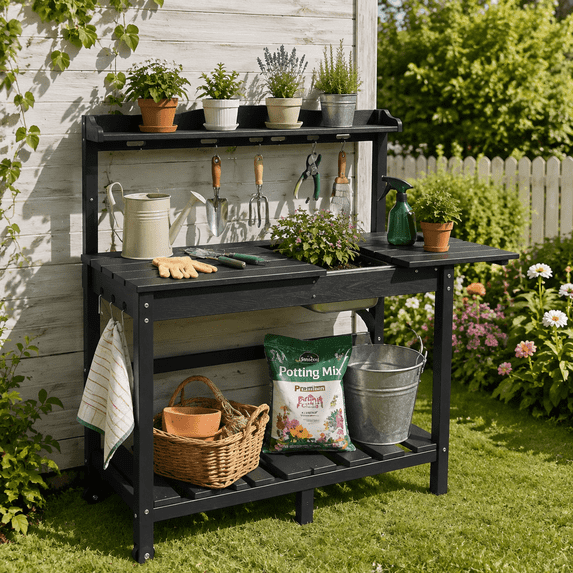 HDPE Garden Potting Bench Table, Outdoor Gardening Workstation with ...