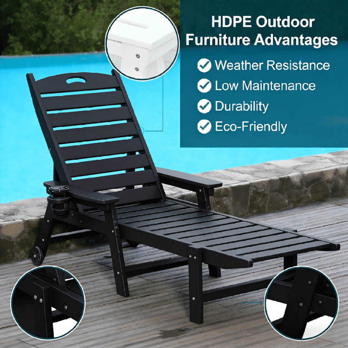 HDPE Outdoor Chaise Lounge Chair 4-Position Adjustable Backrest Pool ...