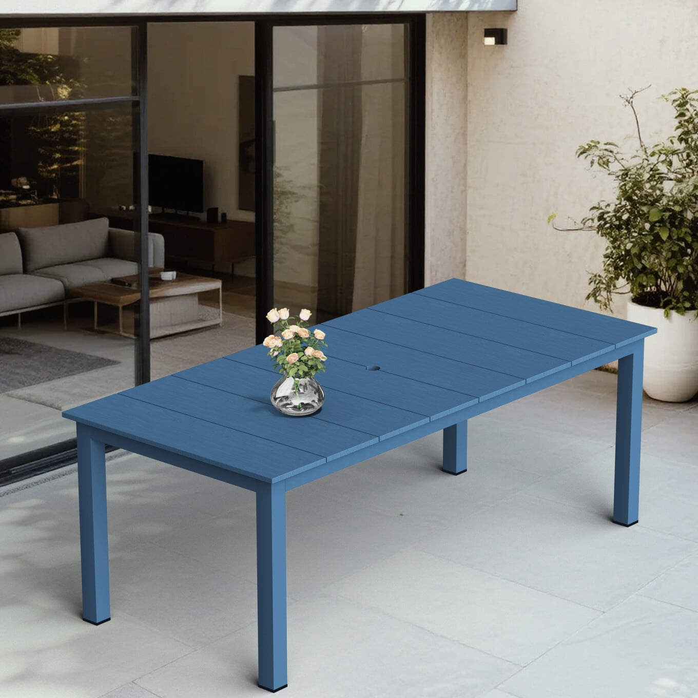 HDPE Outdoor Dining Table, 75" Rectangle Patio Dining Table with 2 ...