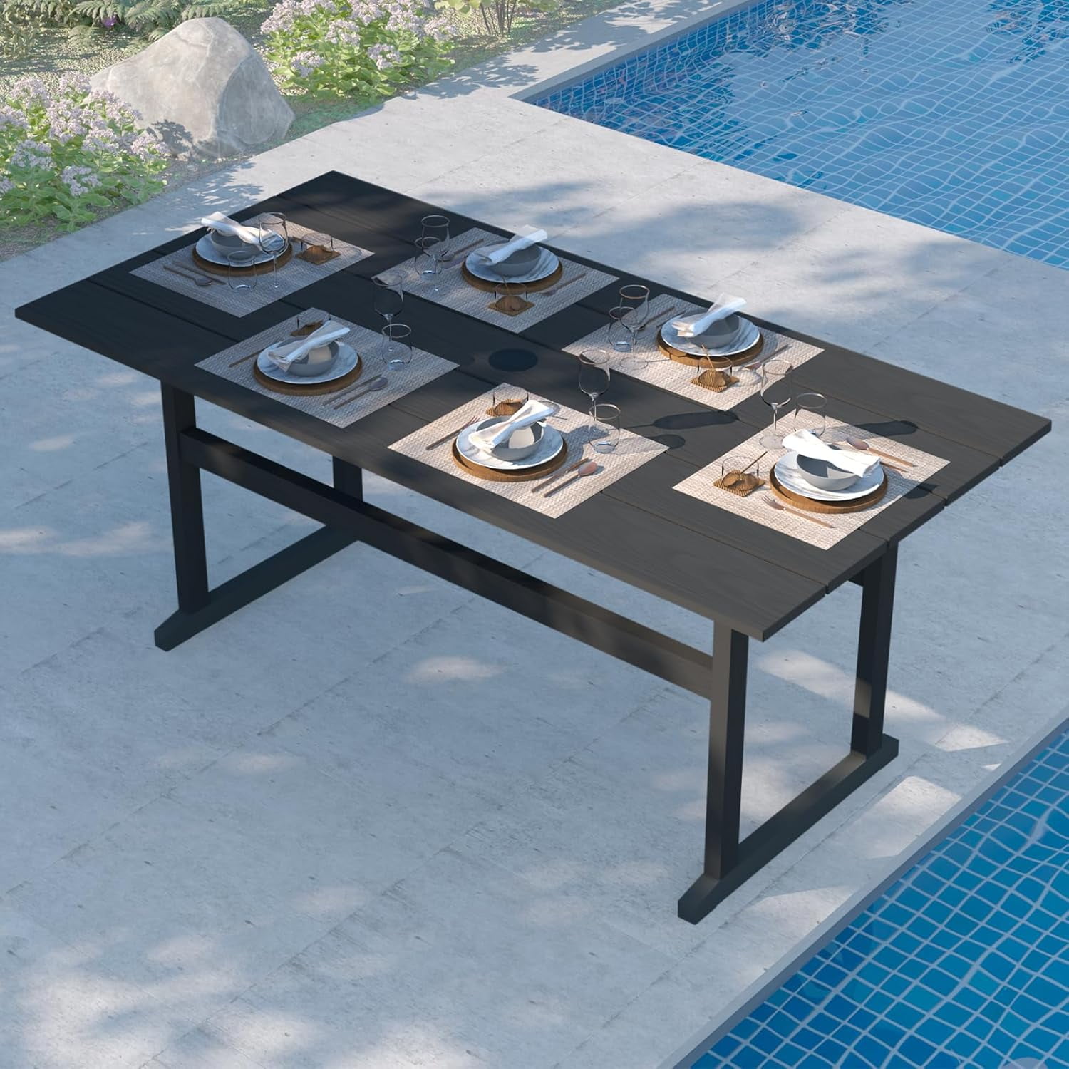 HDPE Patio Dining Table, 67" Rectangle Outdoor Furniture Dining Table ...