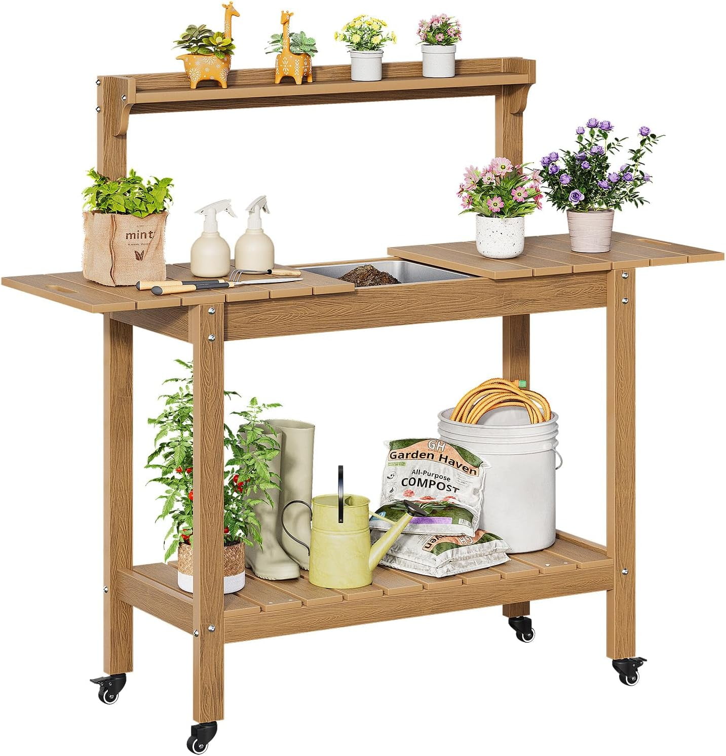 HDPS Outdoor Potting Bench with Sliding Tabletop/ 4 Wheels/Removable ...
