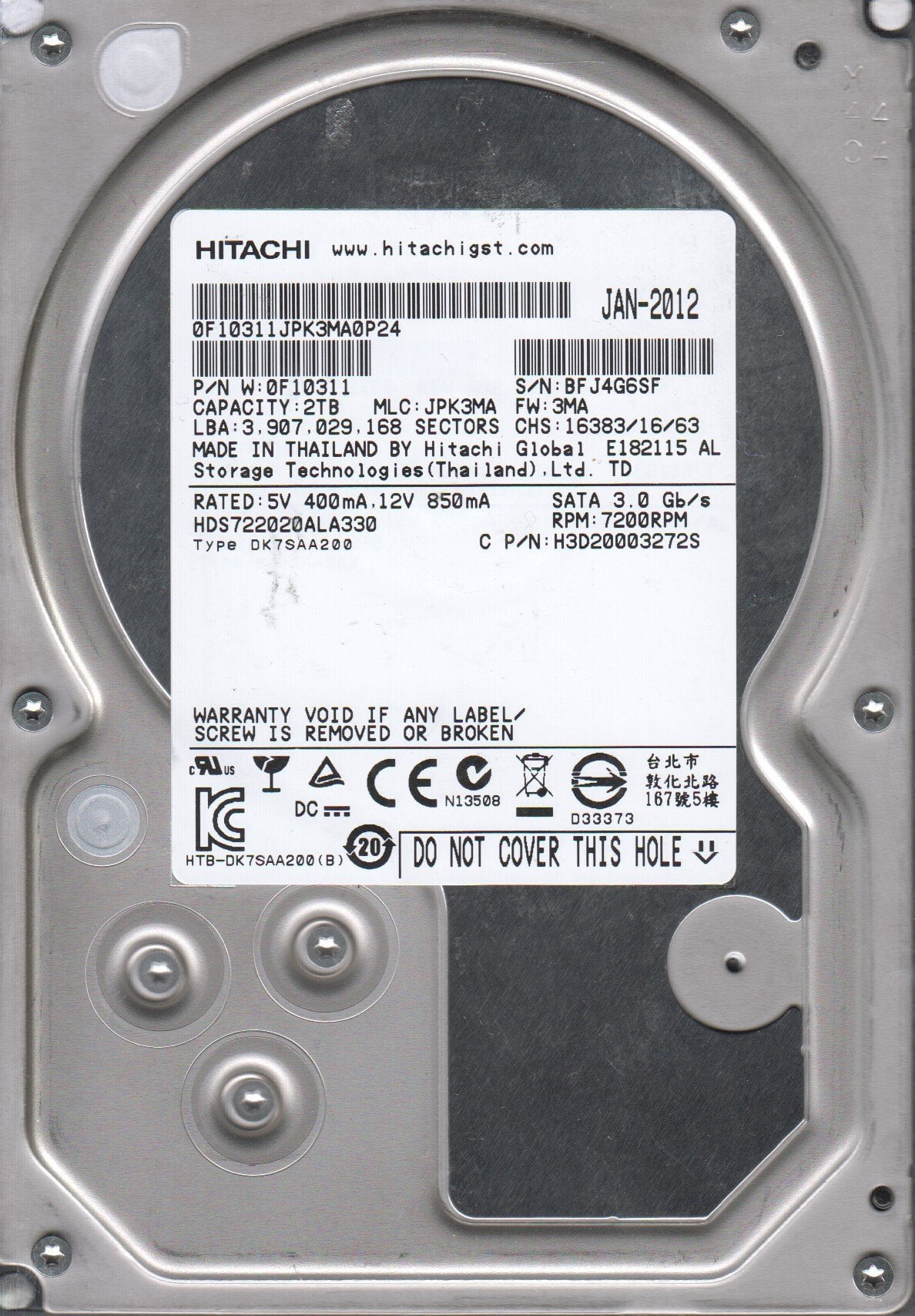HDS722020ALA330, PN 0F10311, MLC JPK3MA, Hitachi 2TB SATA 3.5 Hard ...