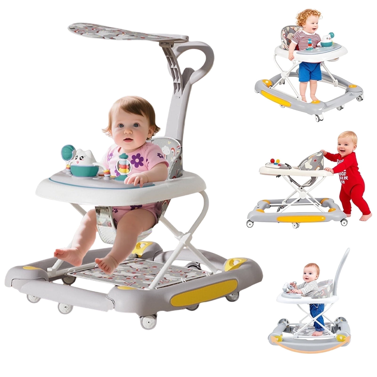 HDUTNGISN Gray 6-in-1 Foldable Baby Walker for 6-24 Months,Bouncer,Tray ...