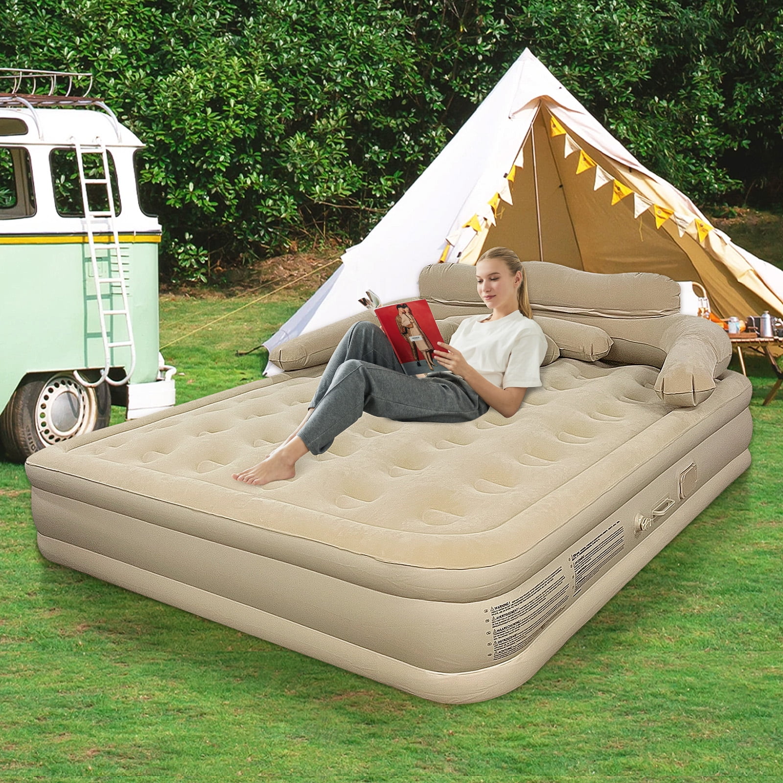 HDUTNGISN Queen Beige Air Mattress,16" Raised Inflatable Bed with Quiet ...