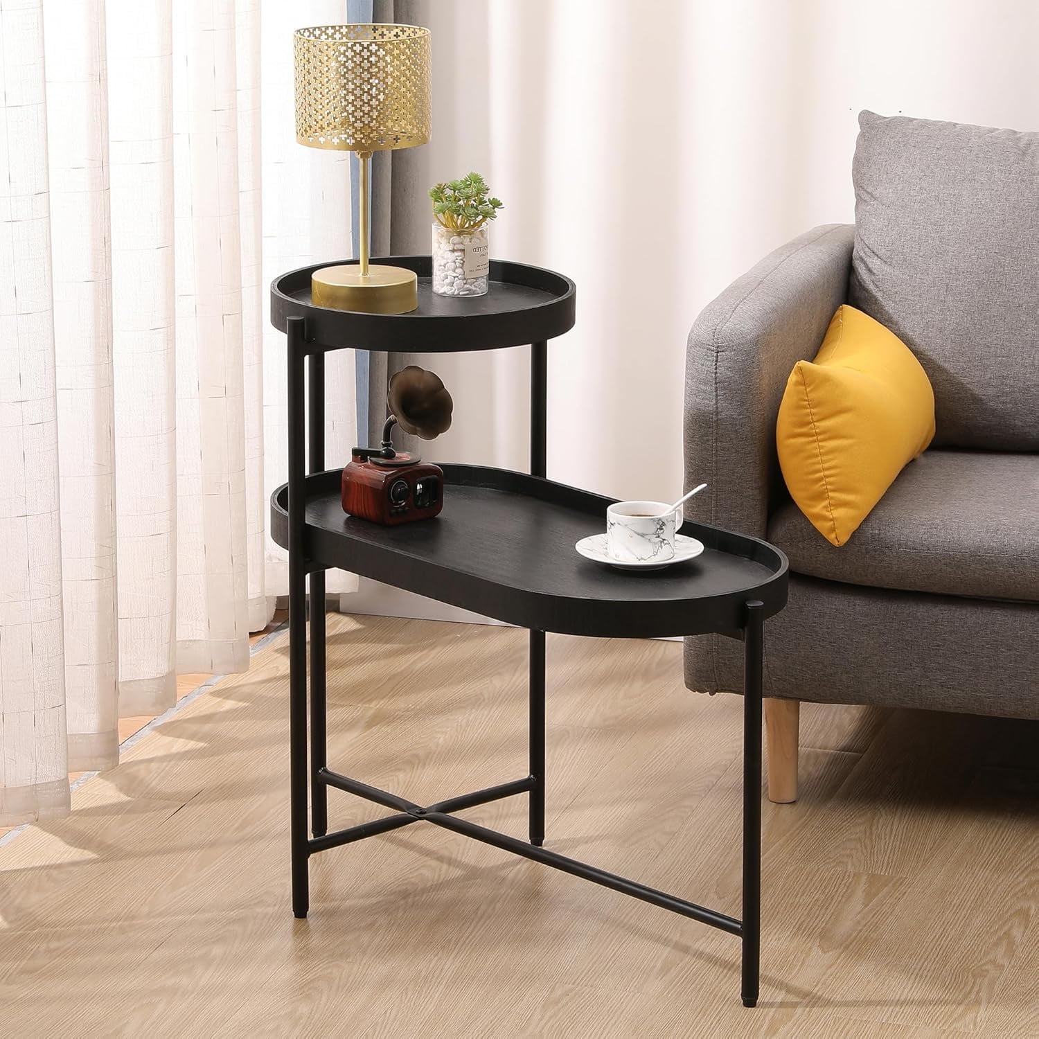 HDUTNGISN Round 2 Tier Side Table for Small Spaces,Wooden Top & Black ...