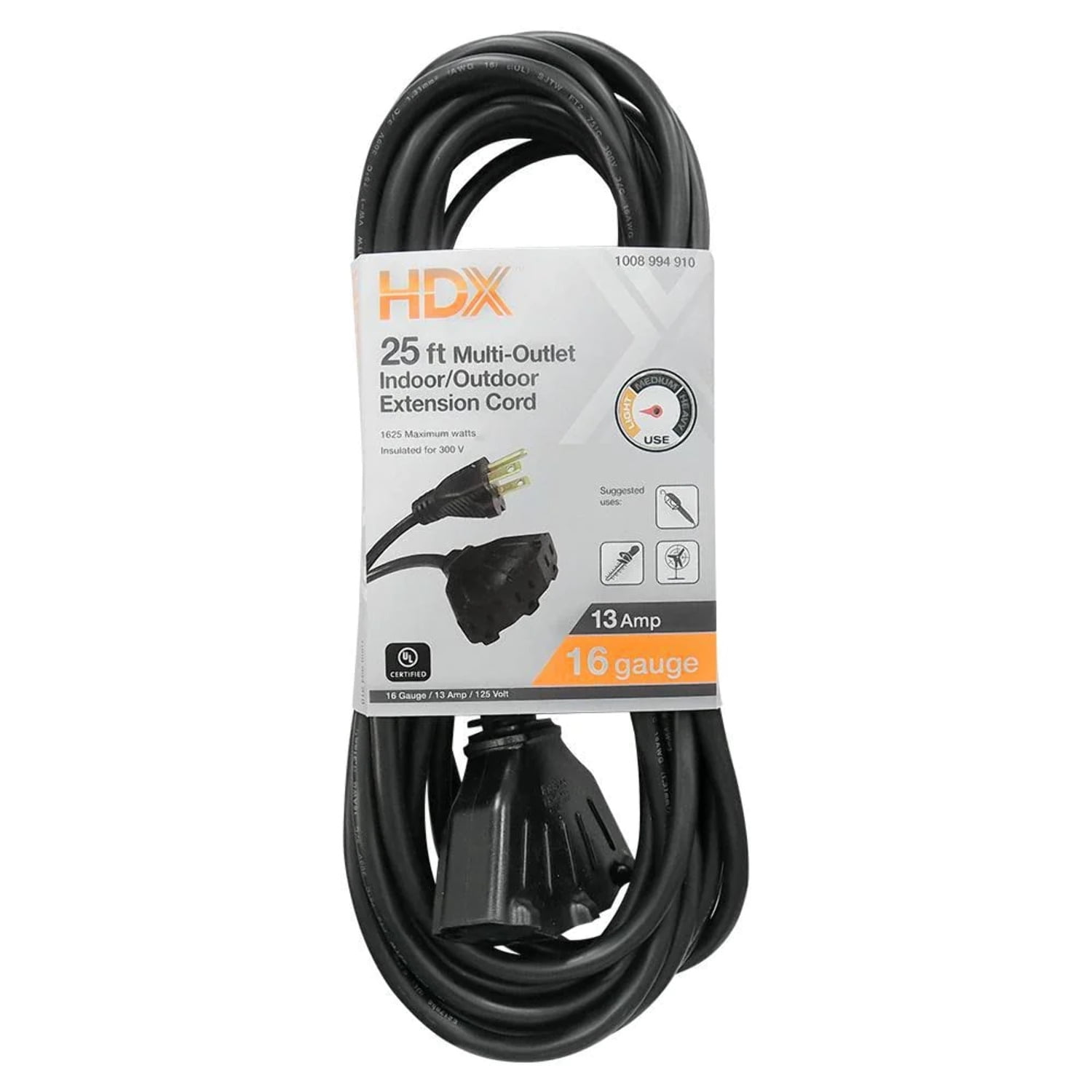 HDX 25 Ft. 16/3 Light Duty Indoor/Outdoor Extension Cord with Multiple ...