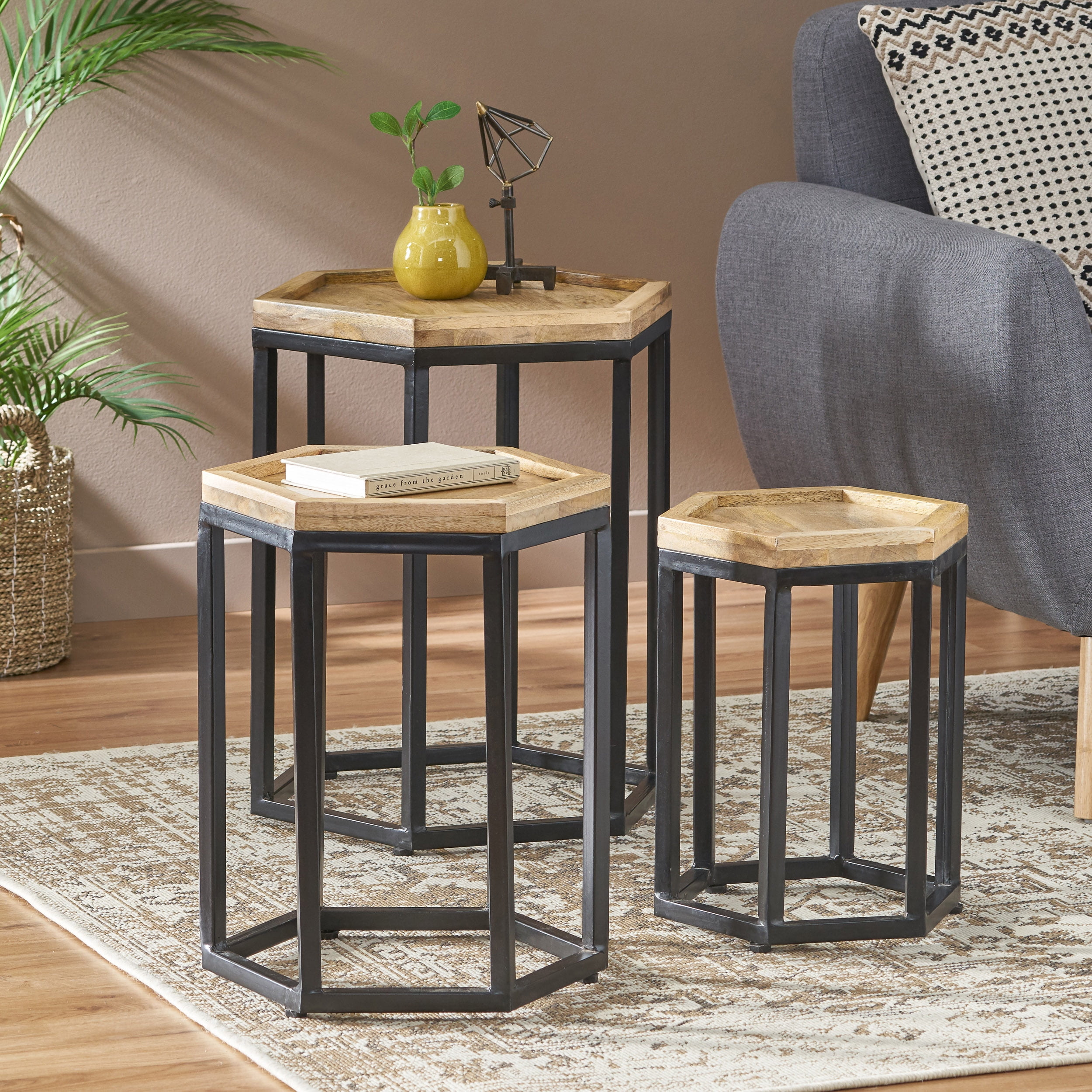 HE X AGAN Set of 3 End Tables, Modern Industrial Accent Table Set with ...