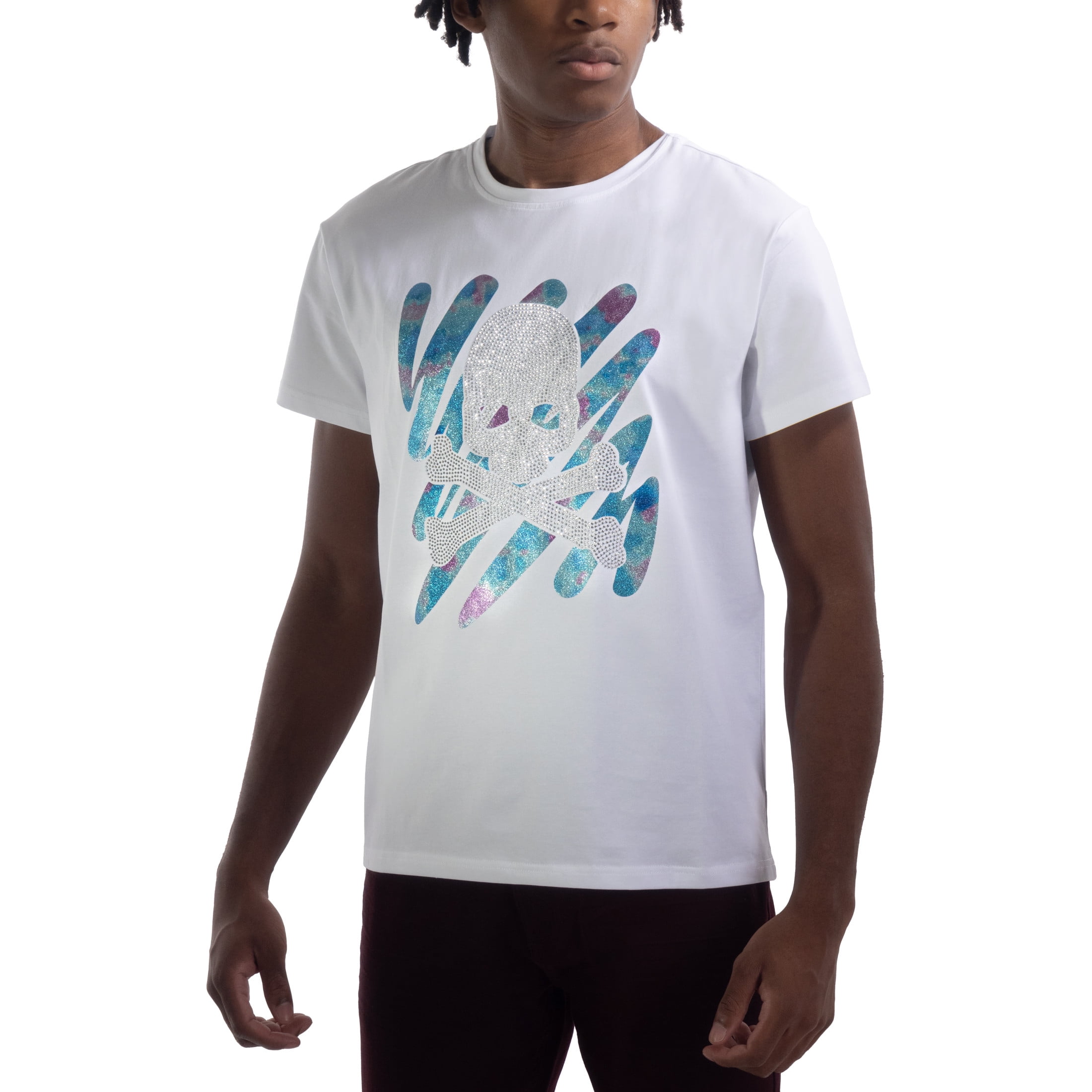 HEADS OR TAILS Mens Rhinestone Tee Silver Skull With Bones, White, M ...