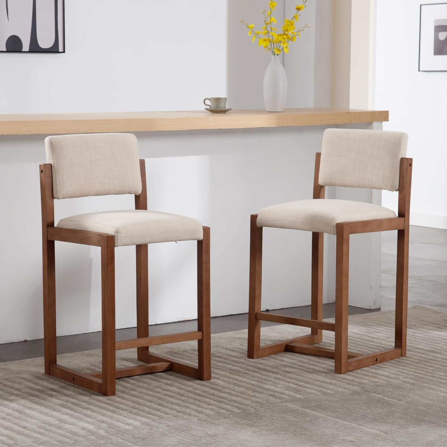 HEAH-YO 26 Inches Counter Height Bar Stools Set of 2, Upholstered Linen ...