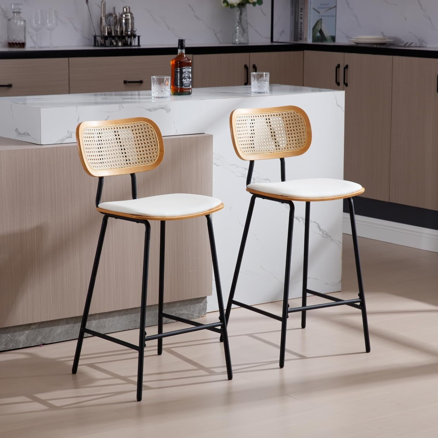 HEAH-YO Rattan Counter Stools Set of 2, 26 Inches Counter Height Bar ...